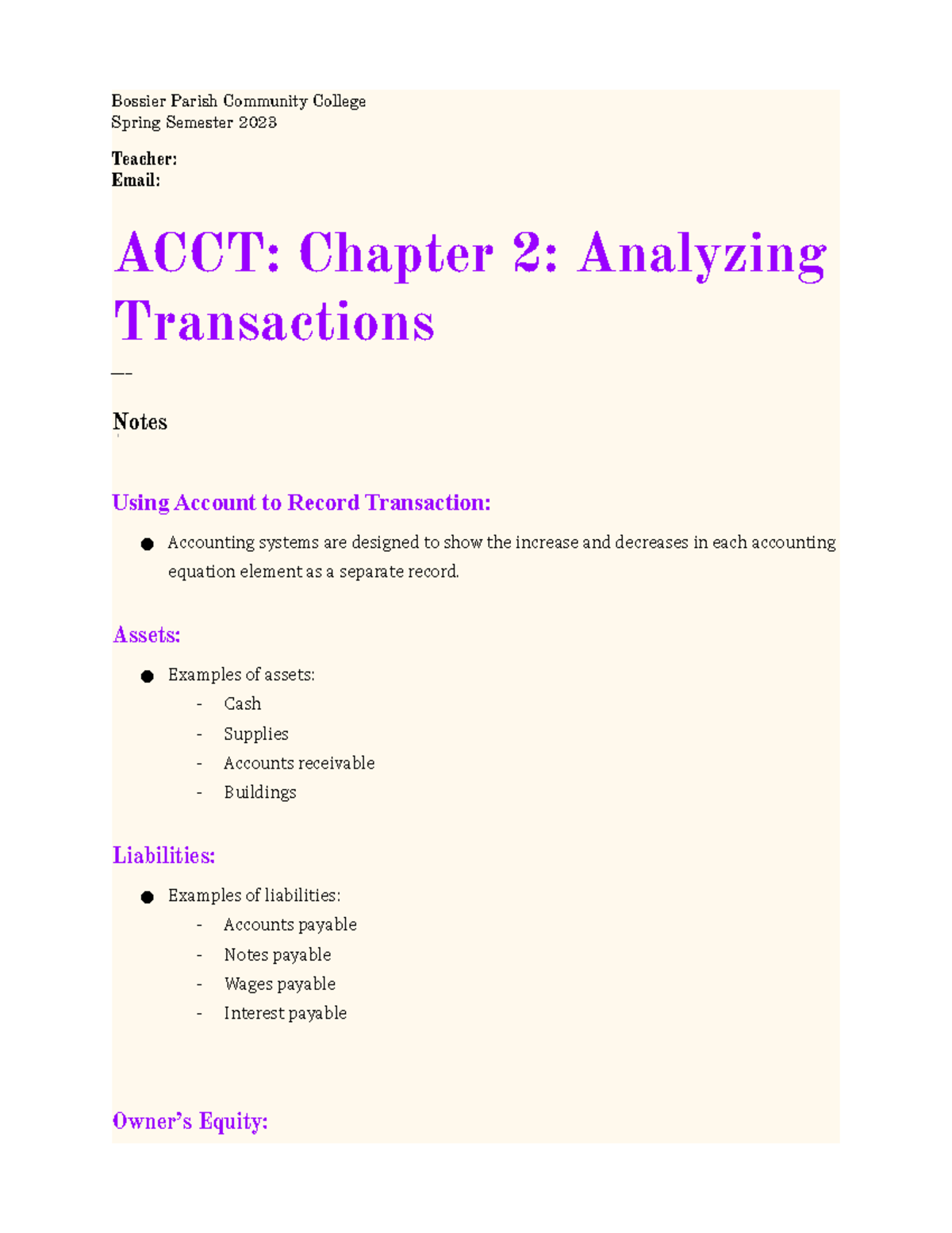 ACCT Chapter 2 Analyzing Transactions - Bossier Parish Community College Spring Semester 2023 ...