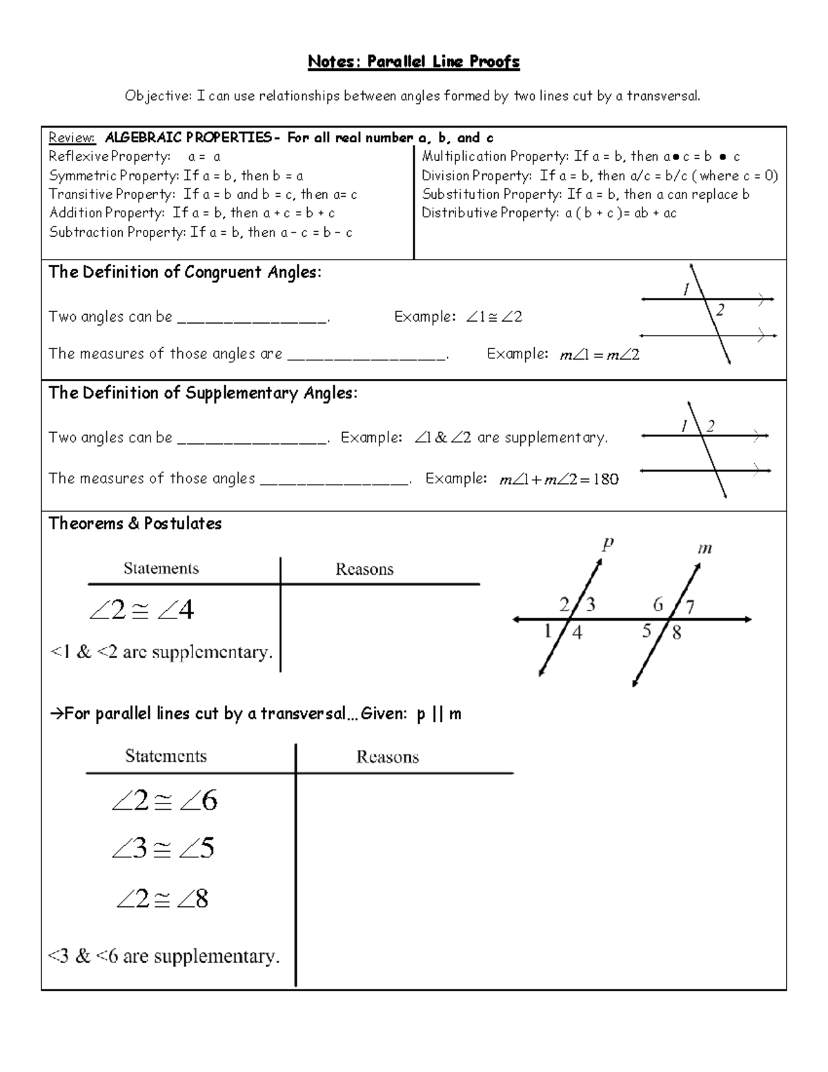 Notes Parallel Line Proofs - Notes: Parallel Line Proofs Objective: I ...