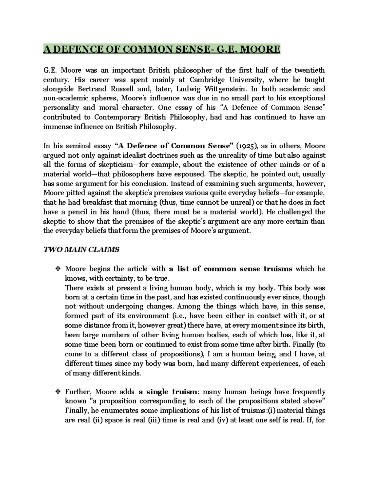 A Defence OF Common Sense- G - A DEFENCE OF COMMON SENSE- G. MOORE G ...