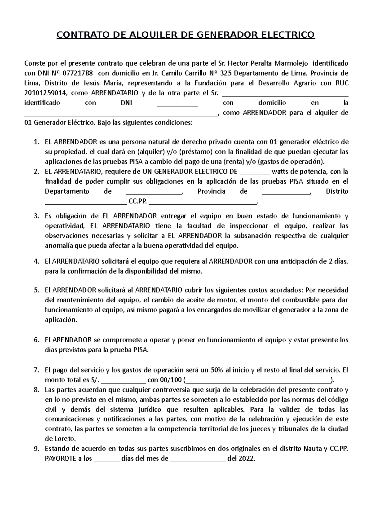 Contrato DE Alquiler DE Cenerador - CONTRATO DE ALQUILER DE GENERADOR ...