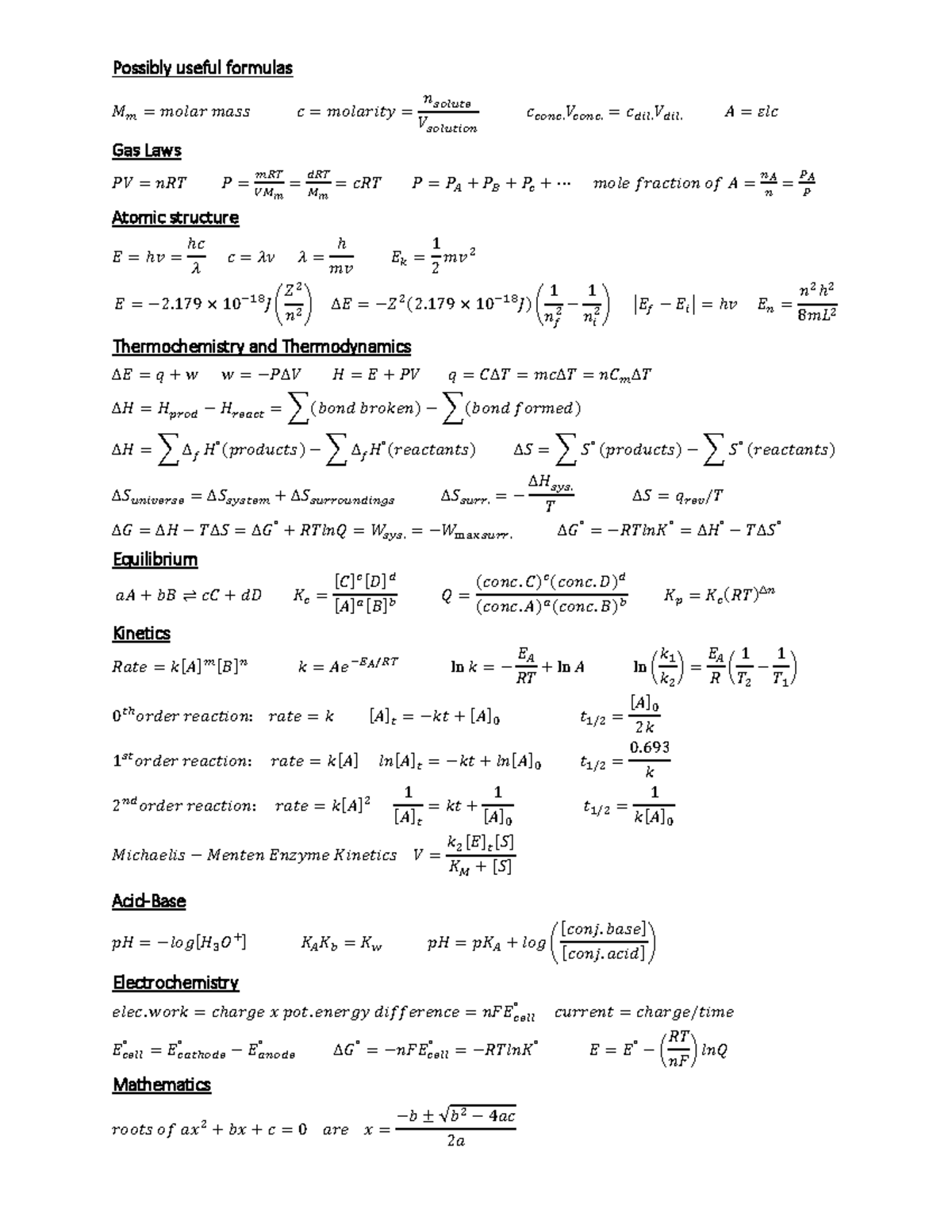 Exam equations-2-1 - Summary Advanced General Chemistry - Possibly ...