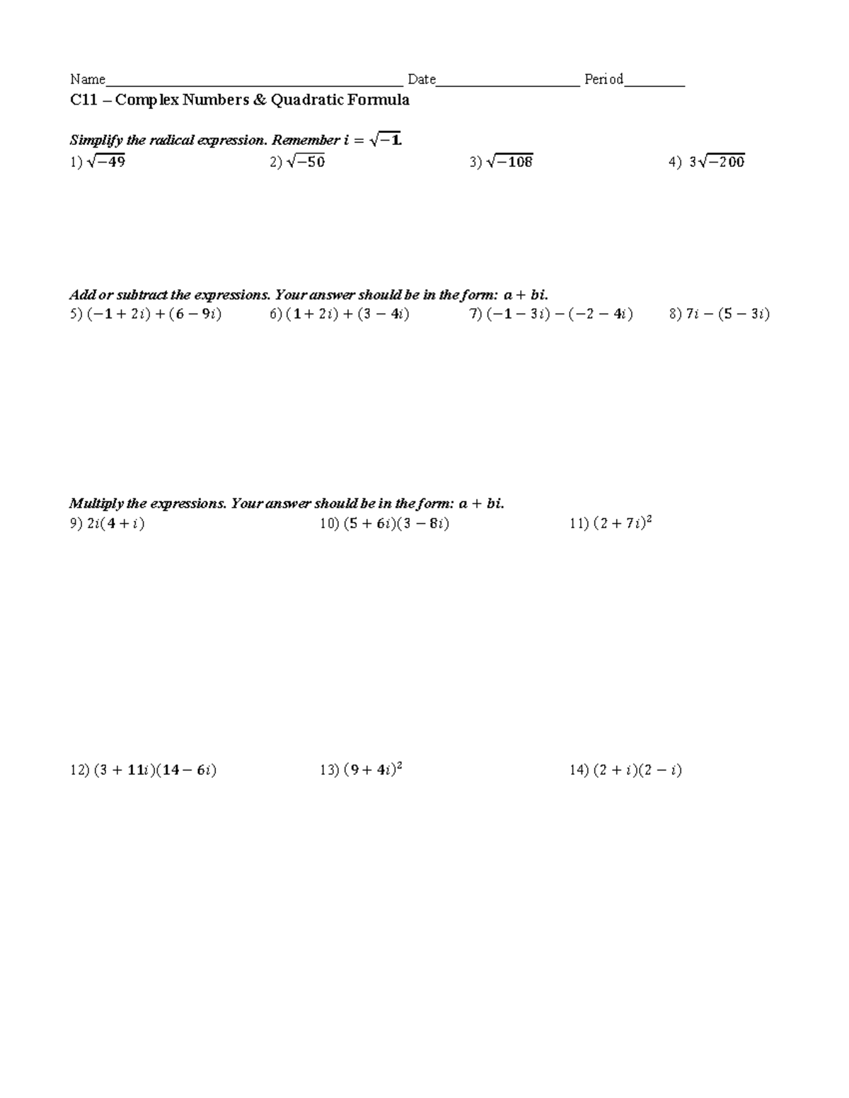 C11 - Complex Numbers Worksheet - Name ...