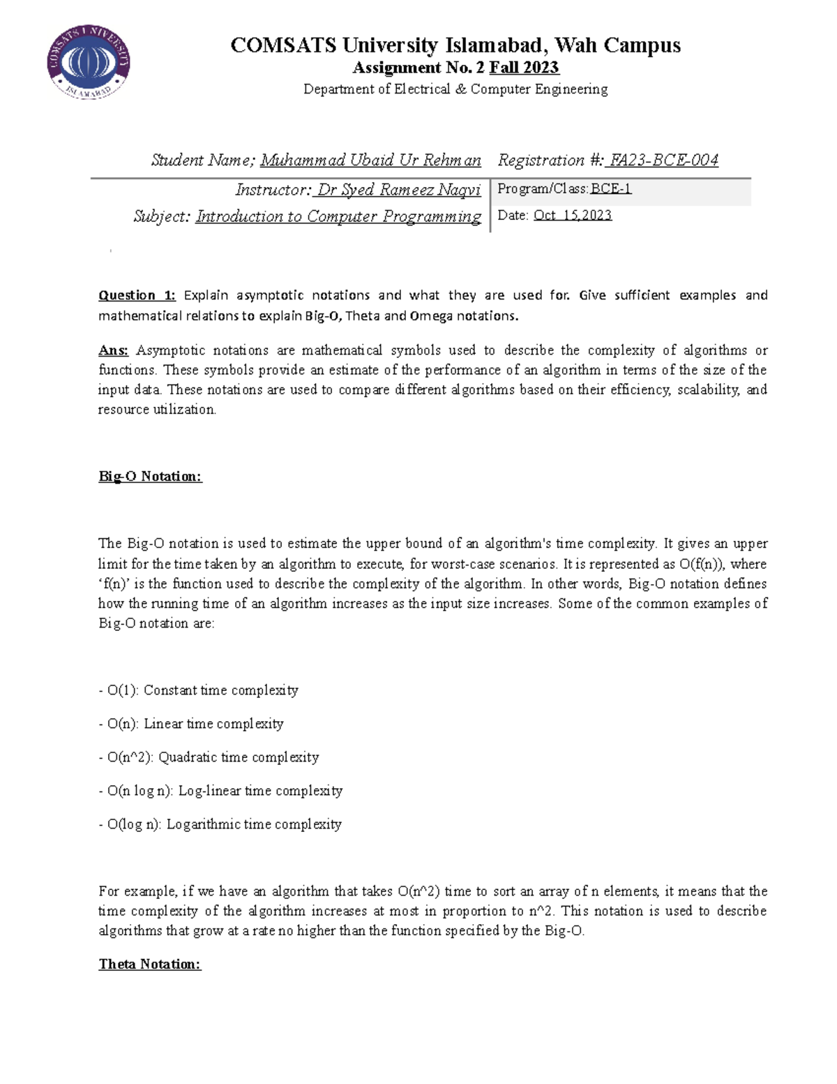 FA23-BCE-004 Assignment 2 - COMSATS University Islamabad, Wah Campus Assignment No. 2 Fall 2023 ...
