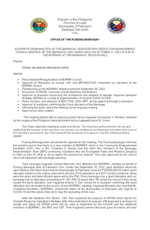 Bdrrmc Minutes - For practice materials only - Republic of the ...