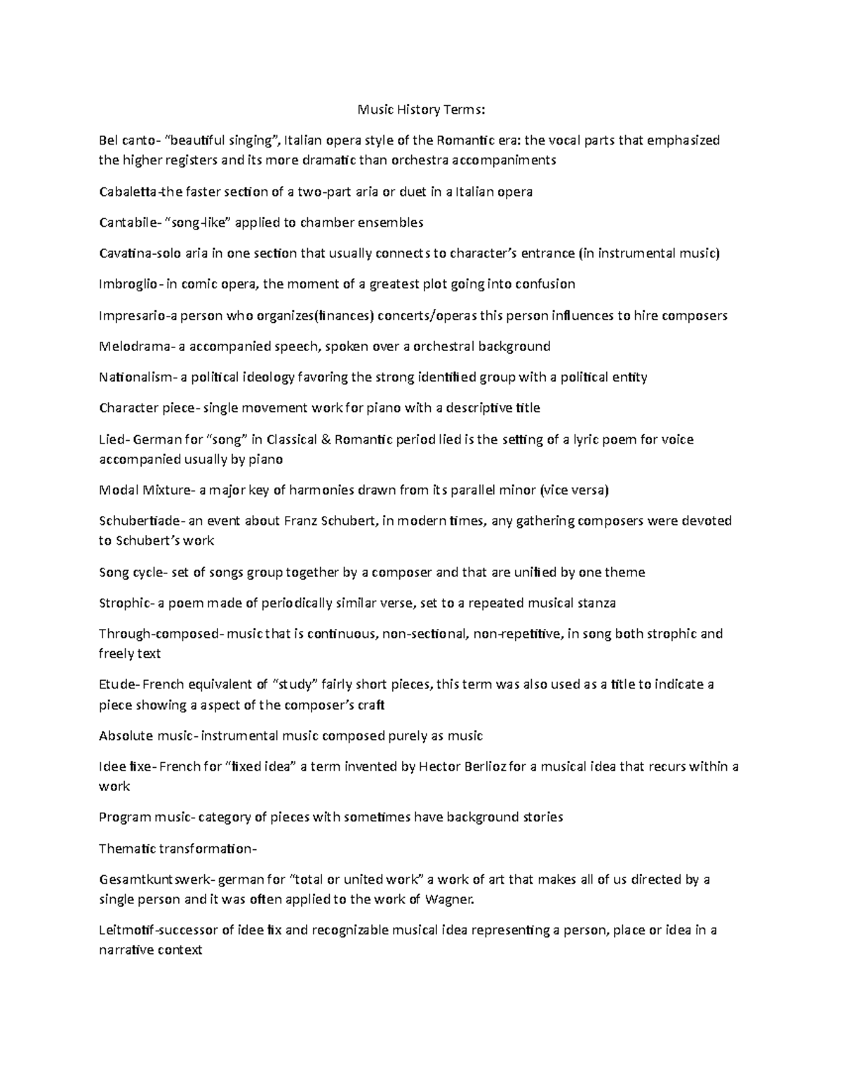 Music History II - Lecture notes 1-5 - Music History Terms: Bel canto ...