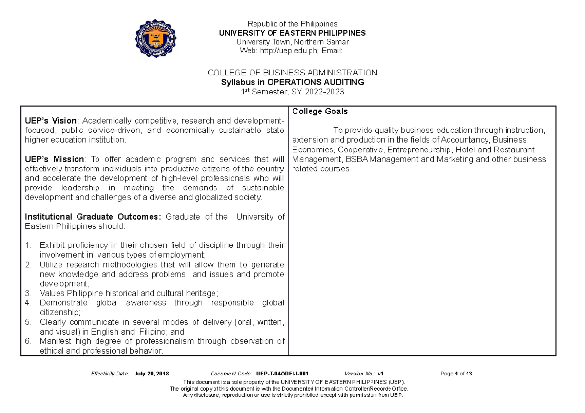 Syllabus-operations-audit - Republic of the Philippines UNIVERSITY OF ...