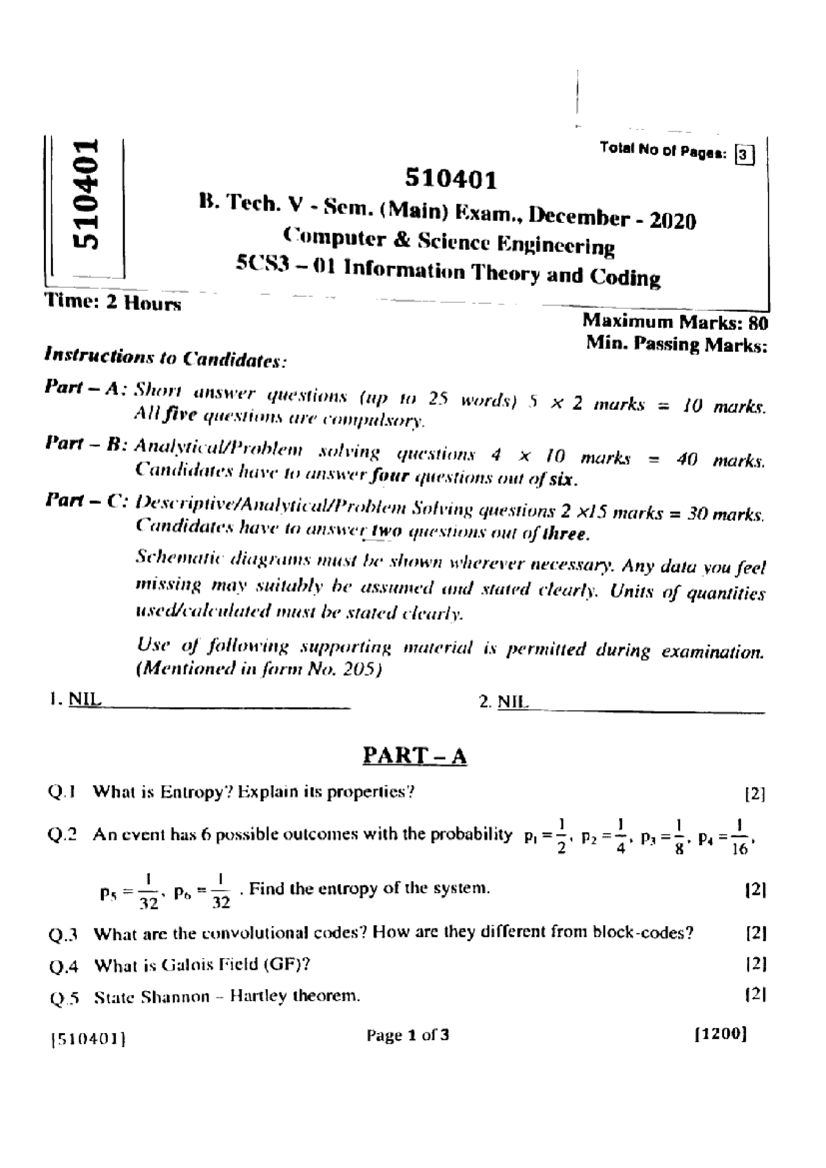Btech cs 5 sem information theory and coding 510401 dec 2020 - computer science and engineering ...