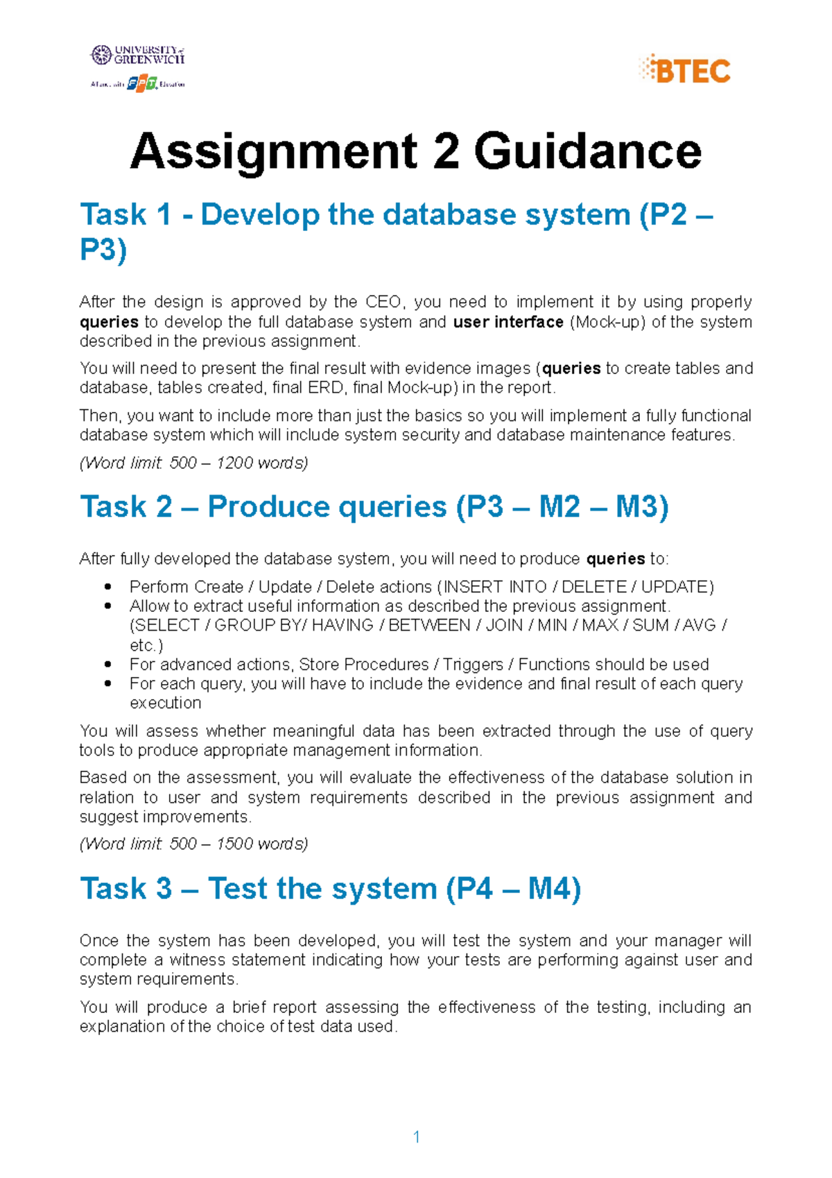 1 Assignment 2 Guidance - Assignment 2 Guidance Task 1 - Develop the database system (P2 – P3 ...