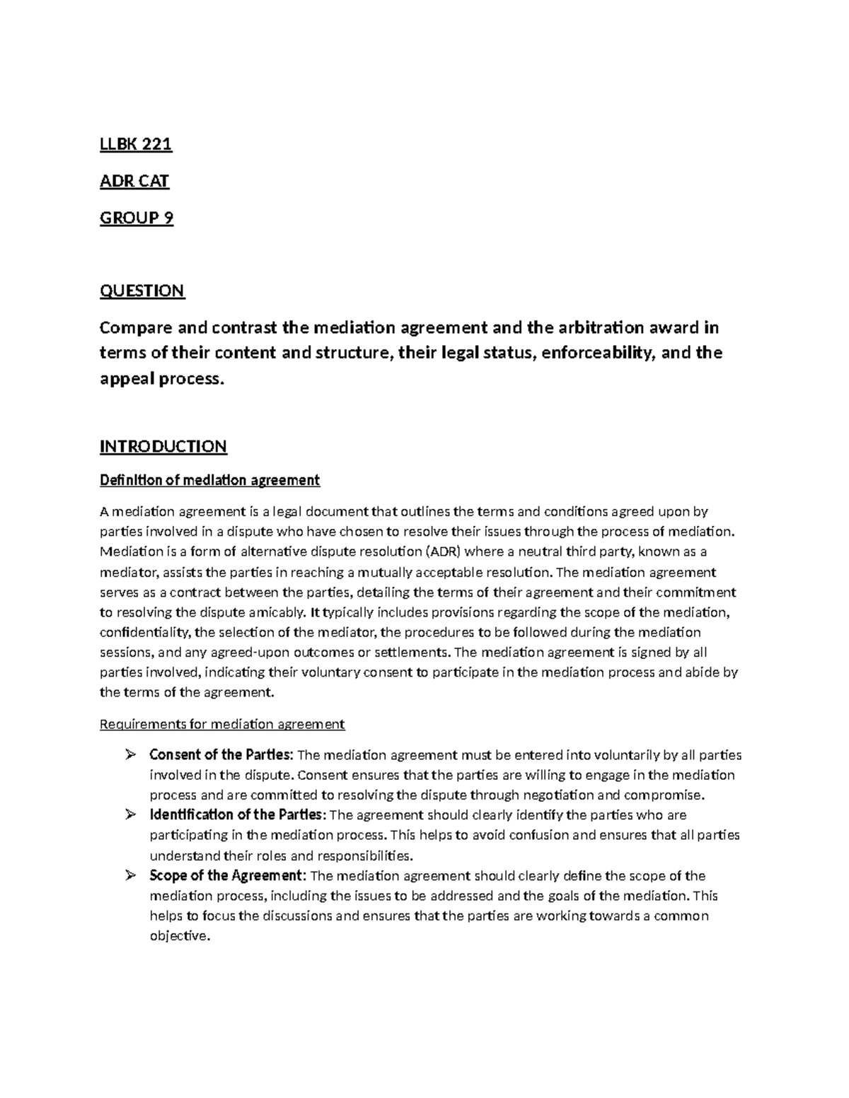 ADR G9 - Group Assignment - LLBK 221 ADR CAT GROUP 9 QUESTION Compare ...