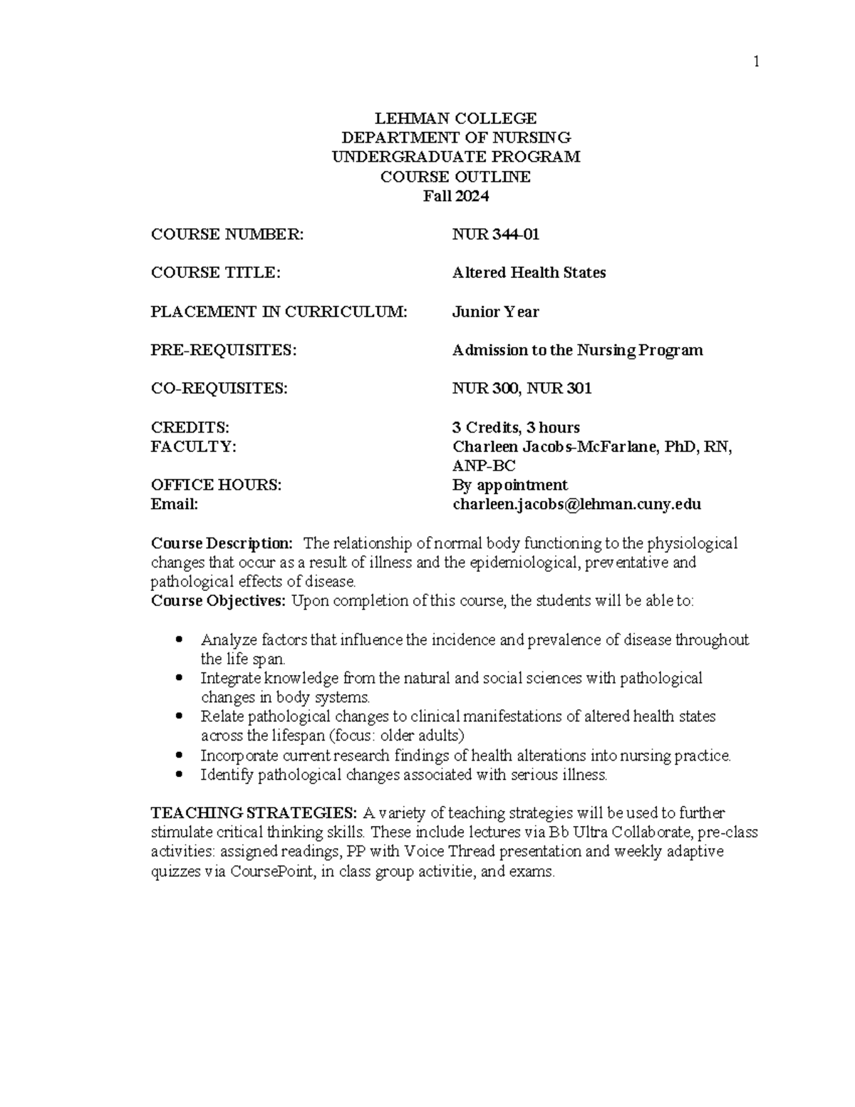 NUR 344 Fall 2024 Syllabus updated 8 - LEHMAN COLLEGE DEPARTMENT OF ...