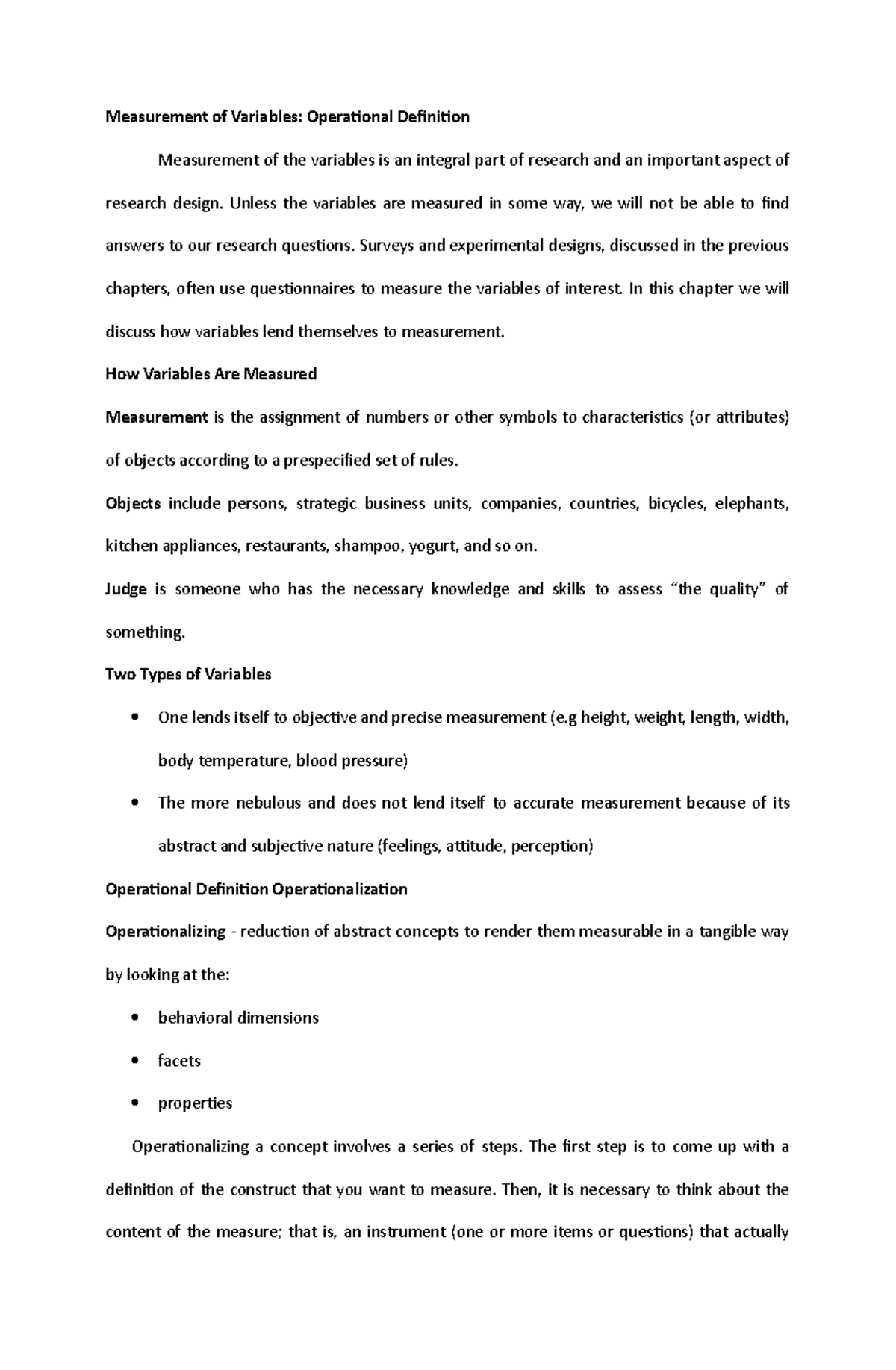 Written report - Lecture notes 1 - Measurement of Variables ...
