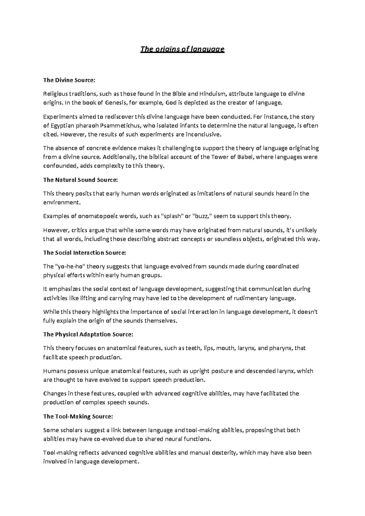 Language - exercice - The origins of language The Divine Source ...