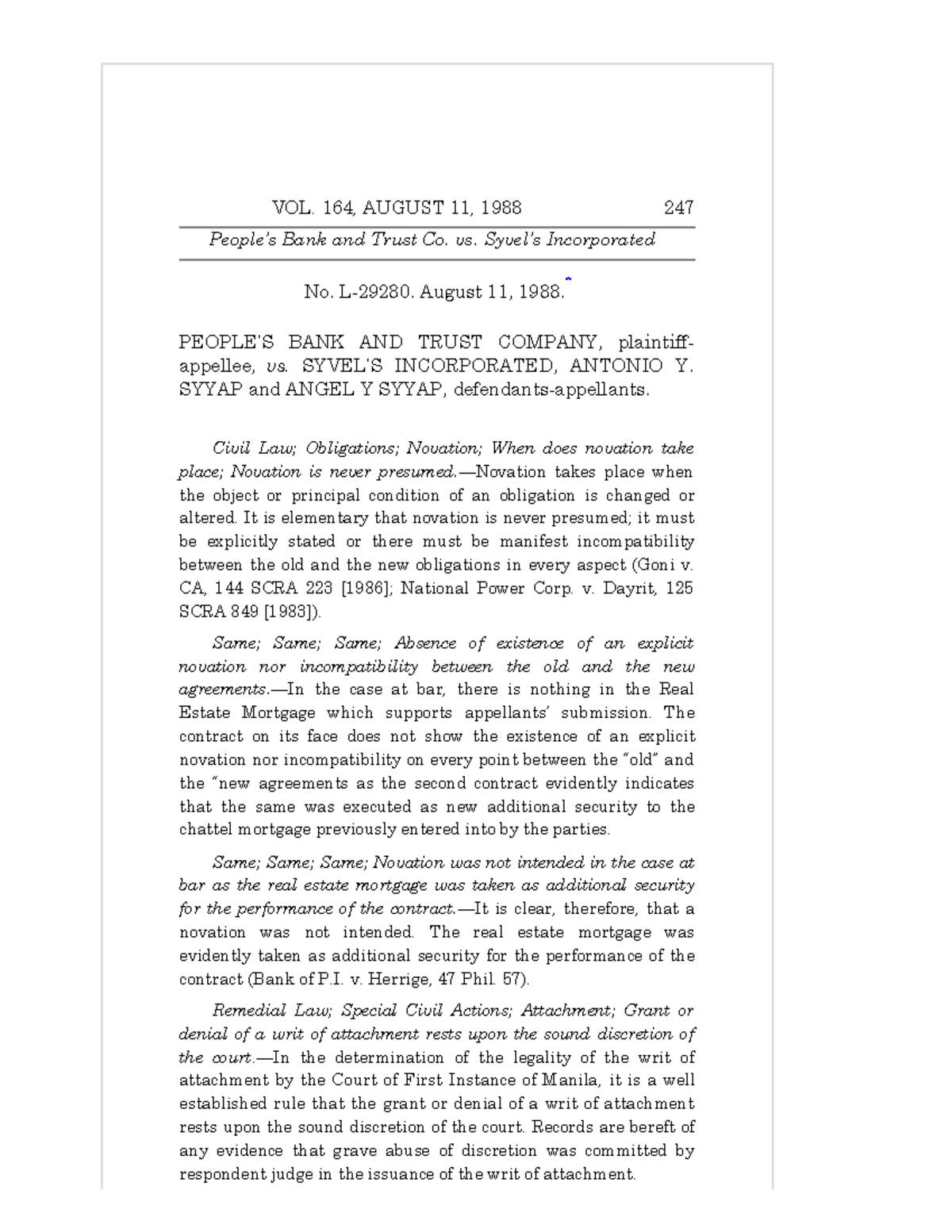 104 People’s Bank and Trust Co. vs. Syvel’s Incorporated - VOL. 164 ...