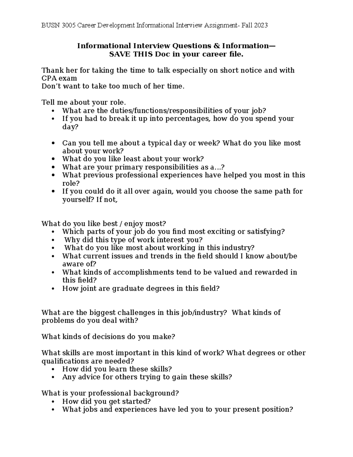 Informational Interview Questions Fall 2023 - Informational Interview ...