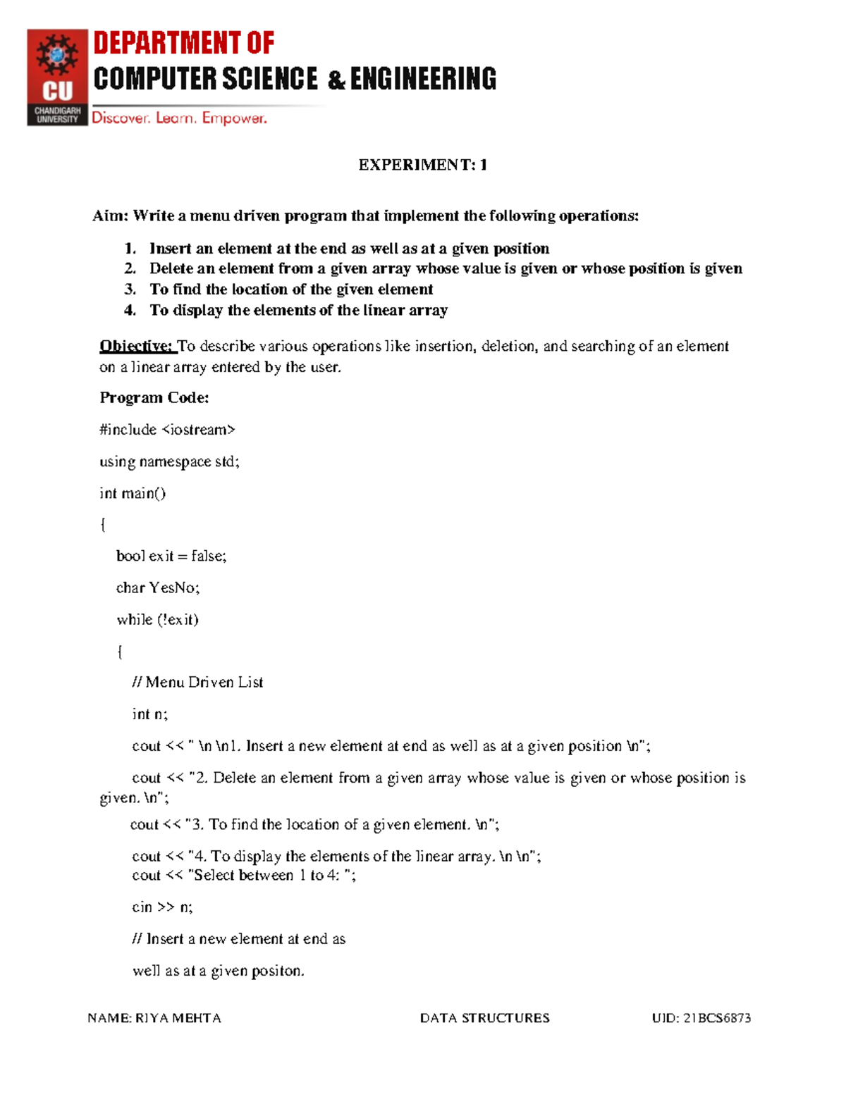6873 ex1 - cse - DEPARTMENT OF COMPUTER SCIENCE & ENGINEERING EXPERIMENT: 1 Aim: Write a menu ...