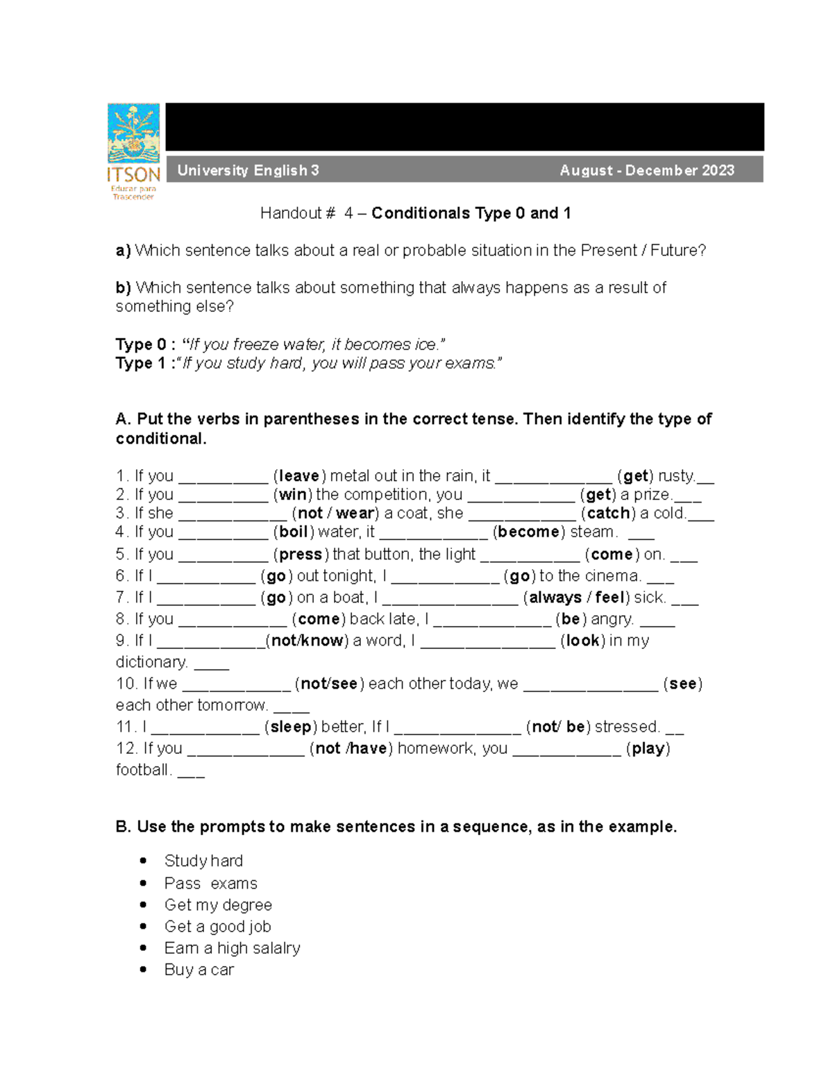 Handout 4 Conditionals 0 and 1 - Handout # 4 – Conditionals Type 0 and ...