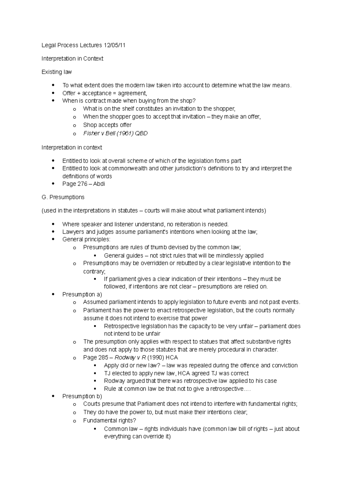 Lecture notes, Week 8, Lecturer Holly Cullen - Legal Process Lectures ...