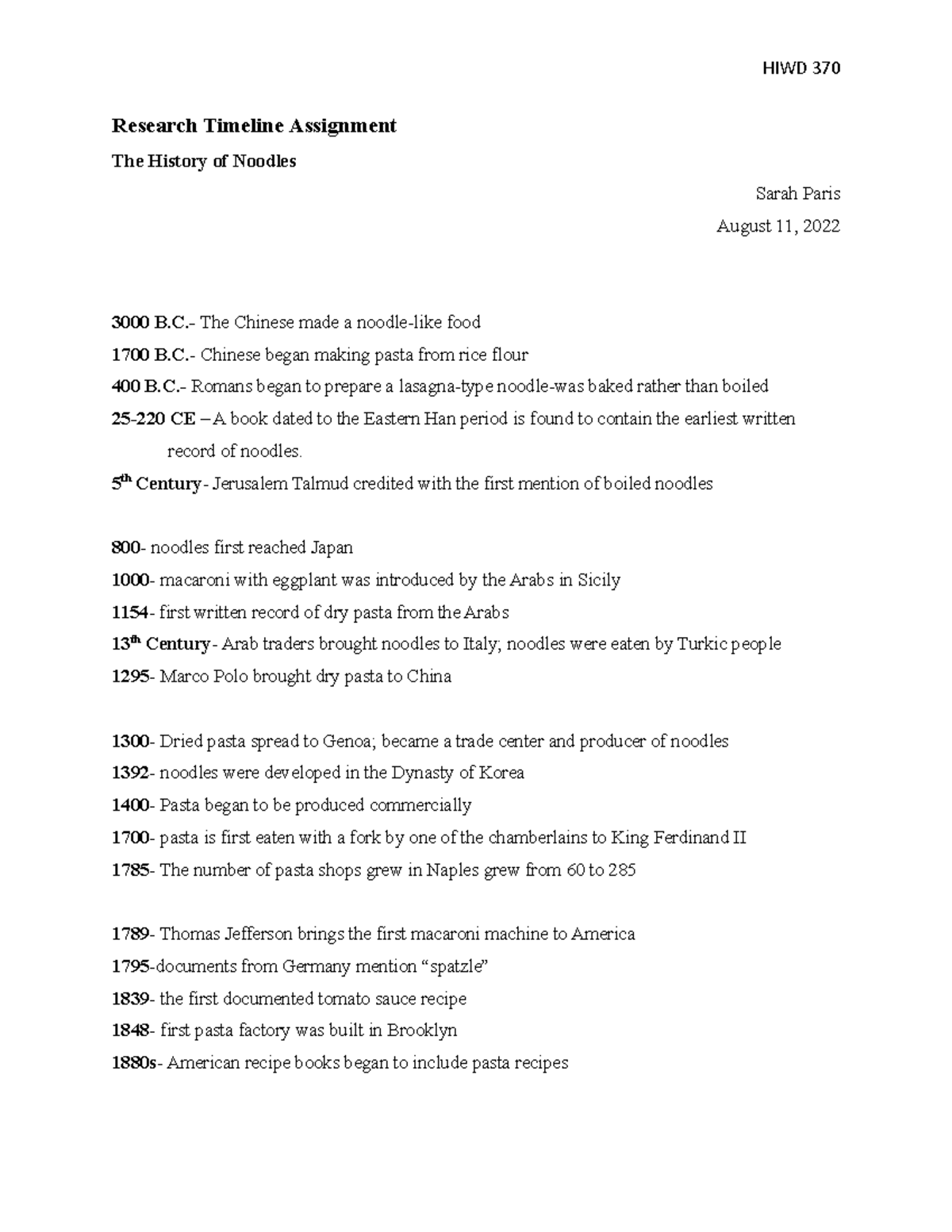 Research Timeline Assignment - HIWD 370 Research Timeline Assignment ...