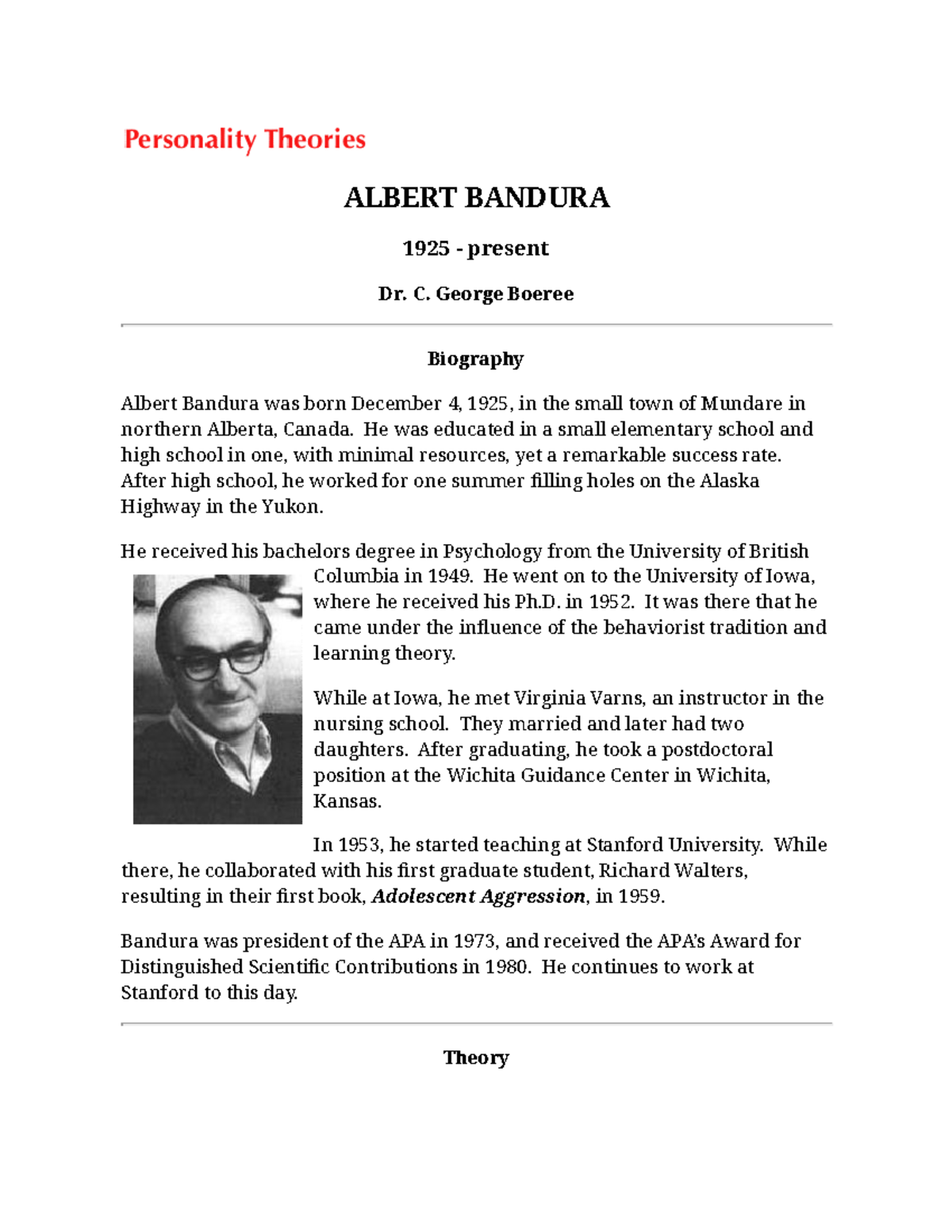 Bandura - This the Summarize - ALBERT BANDURA 1925 - present Dr. C ...