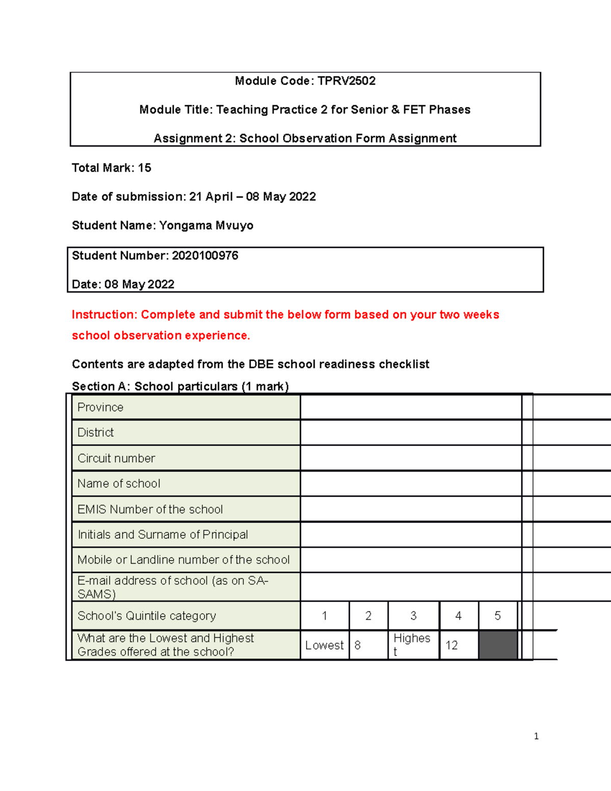 TPRV 2502 Assignment 2 - Module Code: TPRV Module Title: Teaching ...