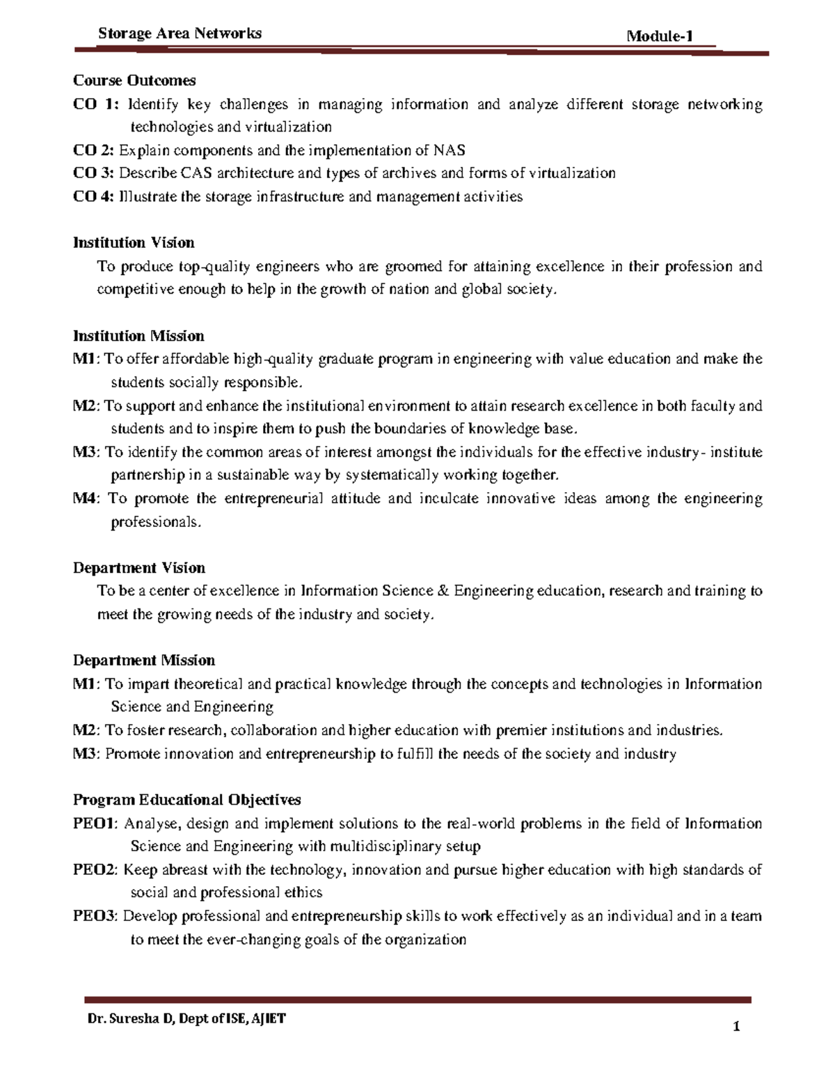 Mod 1 san - hii - Course Outcomes CO 1: Identify key challenges in ...