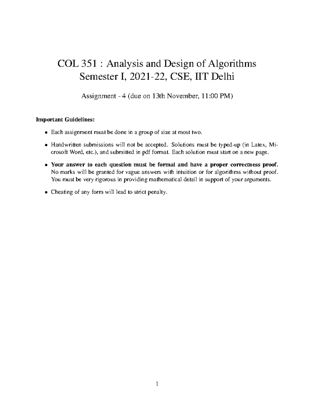 A4 - tut - COL 351 : Analysis and Design of Algorithms Semester I, 2021-22, CSE, IIT Delhi - Studocu