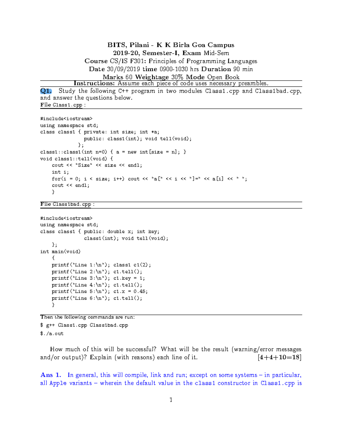 Po PL1920Mid Sem Soln - Midsem QP - BITS, Pilani - K K Birla Goa Campus 2019-20, Semester-I ...