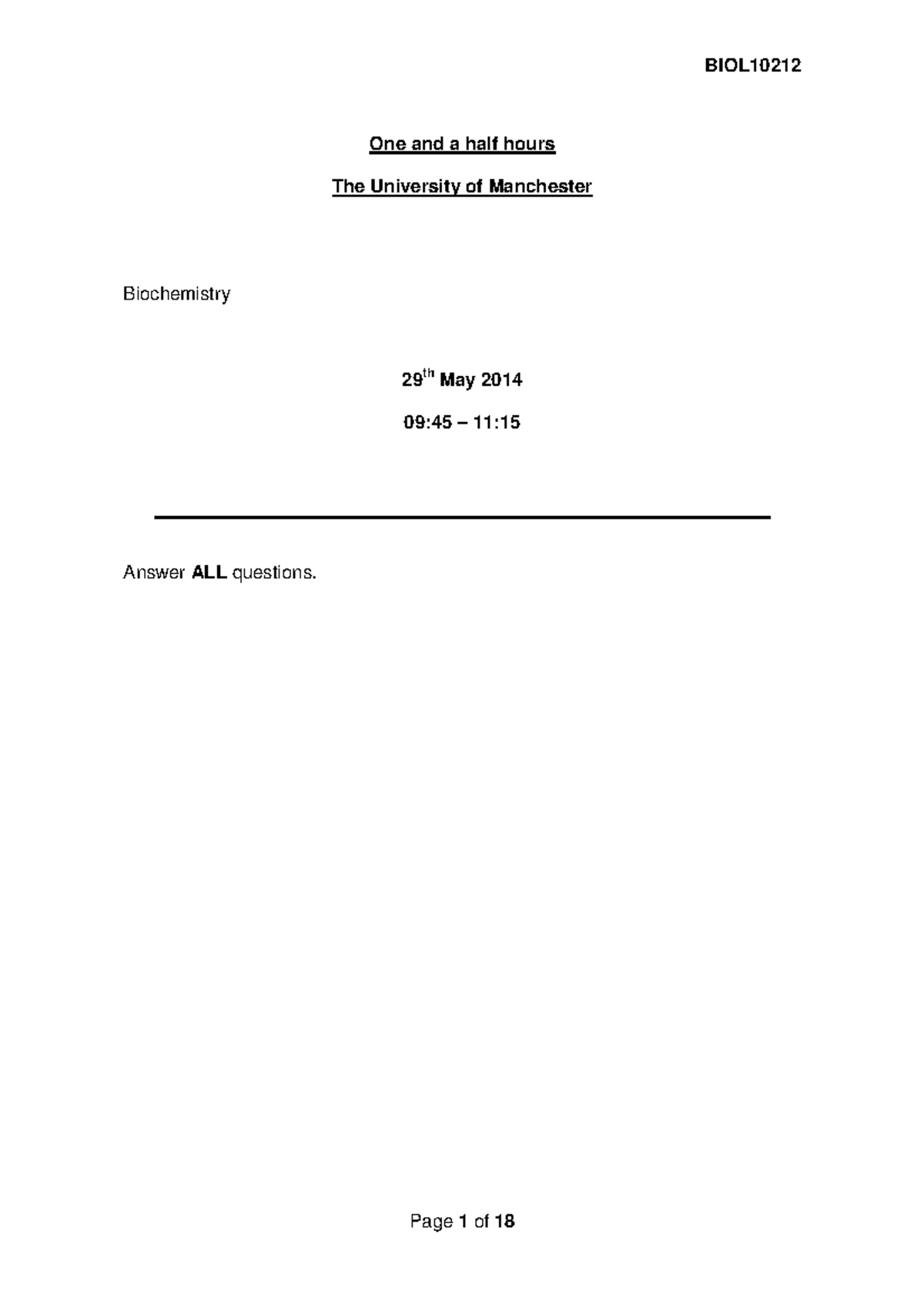 Biochemistry 2013-2014 exam - BIOL10212 One and a half hours The ...