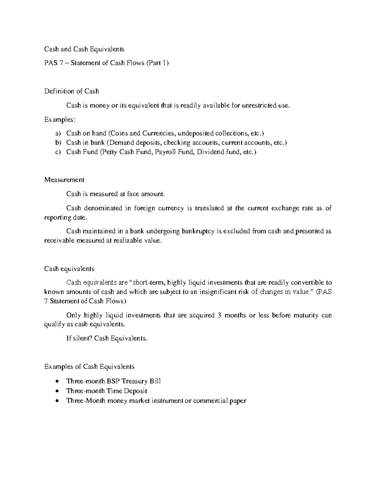 Cash and Cash Equivalents - Examples: a) Cash on hand (Coins and ...