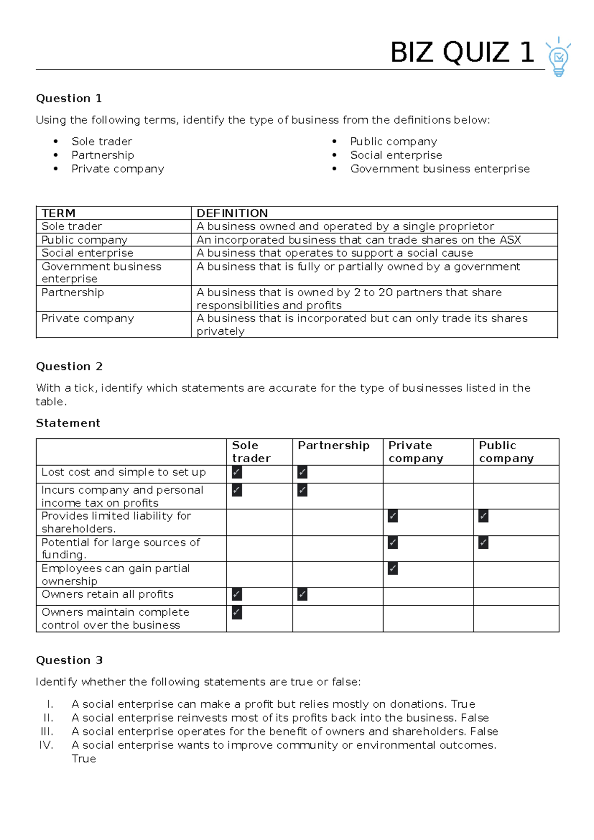 BIZ QUIZ 1 - Business management quiz - BIZ QUIZ 1 Question 1 Using the ...