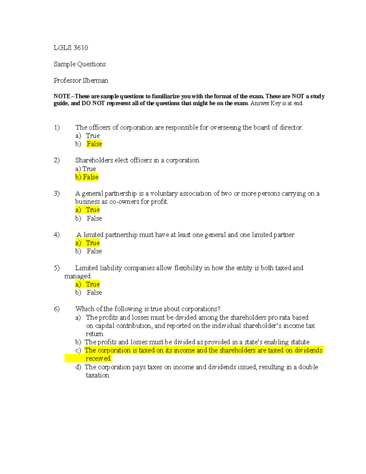 Extra Practice Questions Midterm 2 Bus Entities - LGLS 3610 Sample ...