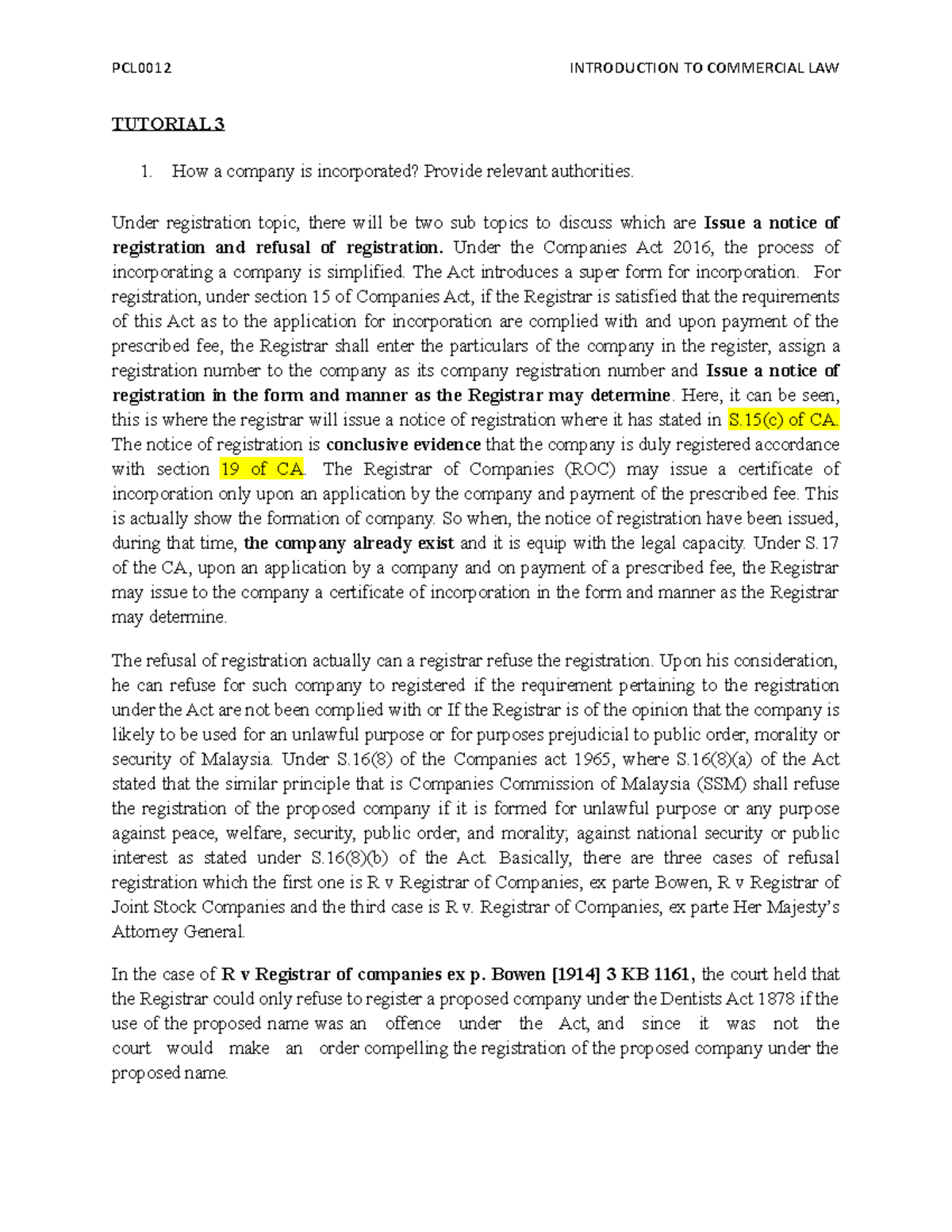 Quest Tutorial 3 - TUTORIAL 3 How a company is incorporated? Provide ...