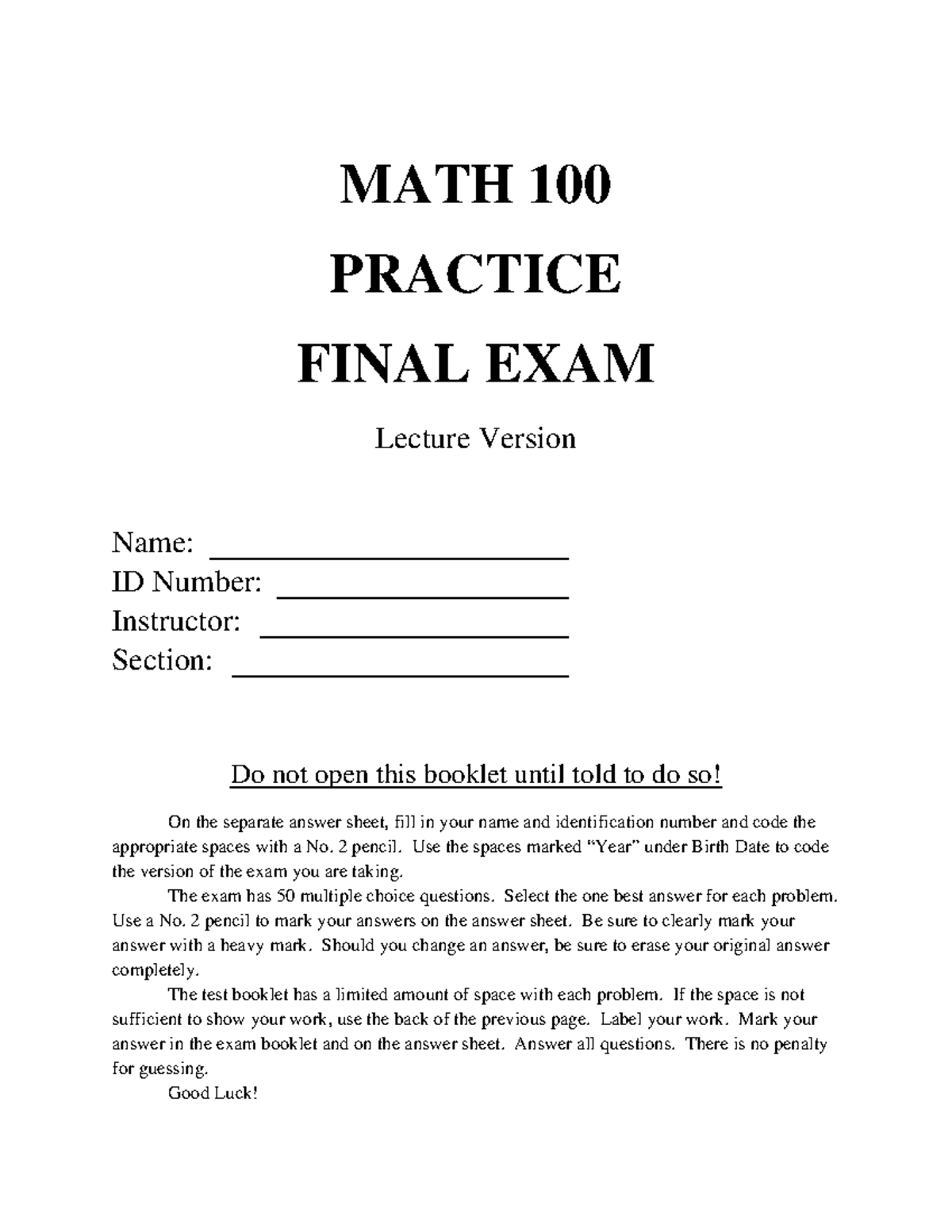 Math 100 Practice Final Exam Lecture MATH 100 PRACTICE FINAL EXAM