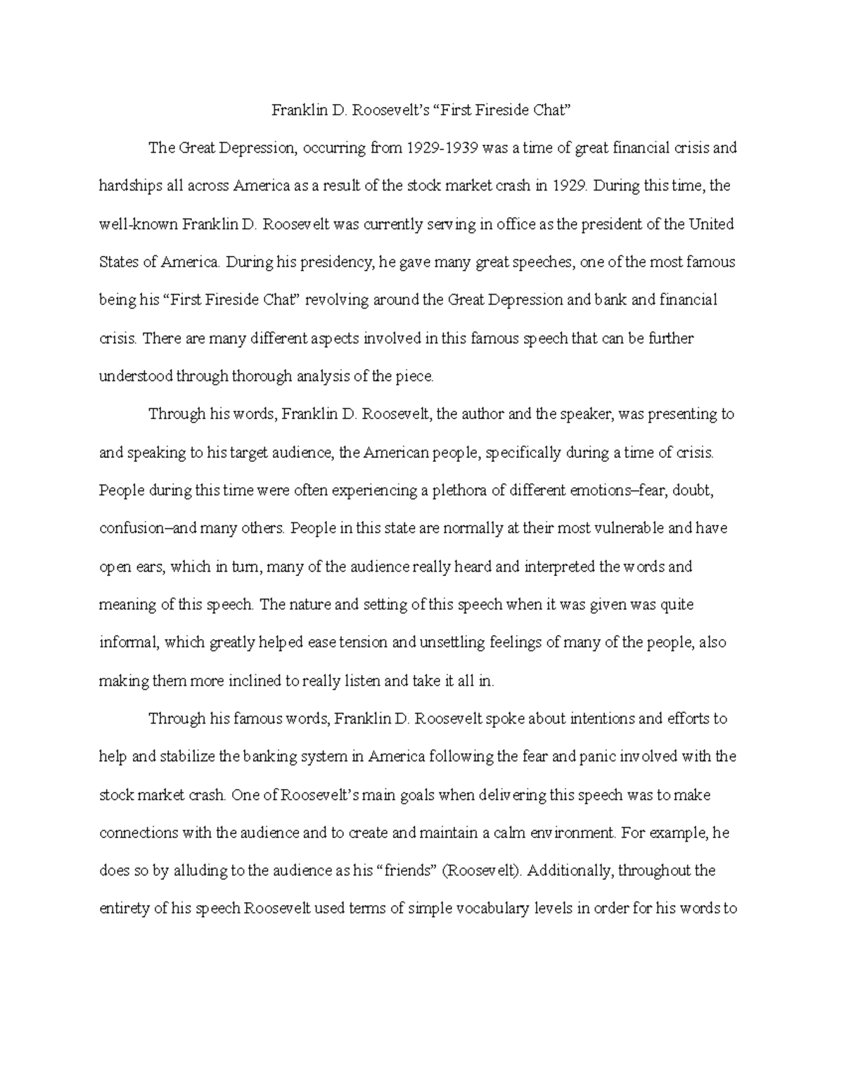 First Fireside Chat Analysis - HIST - Franklin D. Roosevelt’s “First ...
