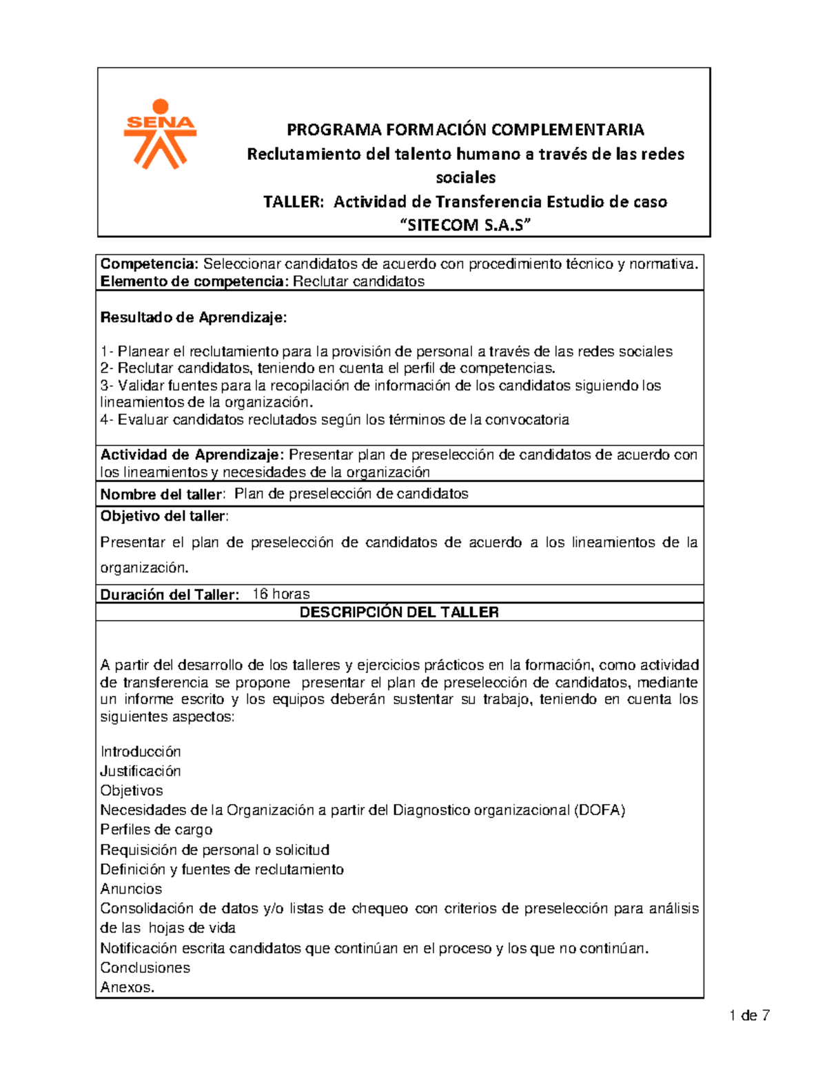 Taller Práctico PLAN Preselección Candidatos Sitecom S - Reclutamiento ...