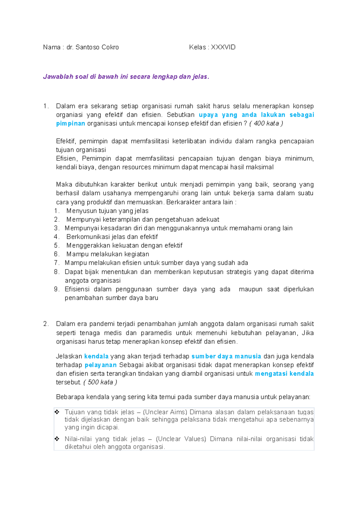 UTS 36D - Organisasi dan Manajemen RS Santoso Cokro - Nama : dr ...