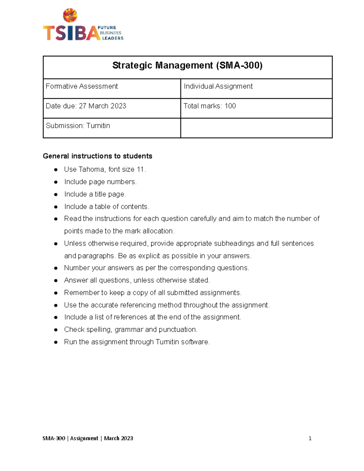 SMA300 FA1 2023 - Strategic Management (SMA-300) Formative Assessment ...