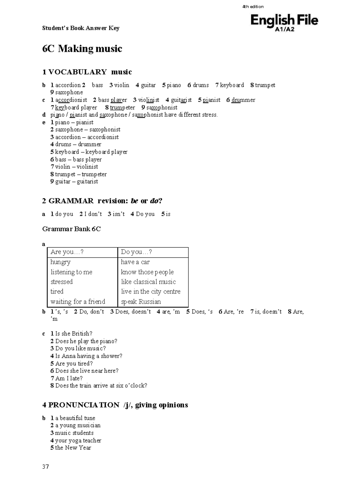 Unit-6c-key - Inglés - Student’s Book Answer Key 4th edition 37 6C ...