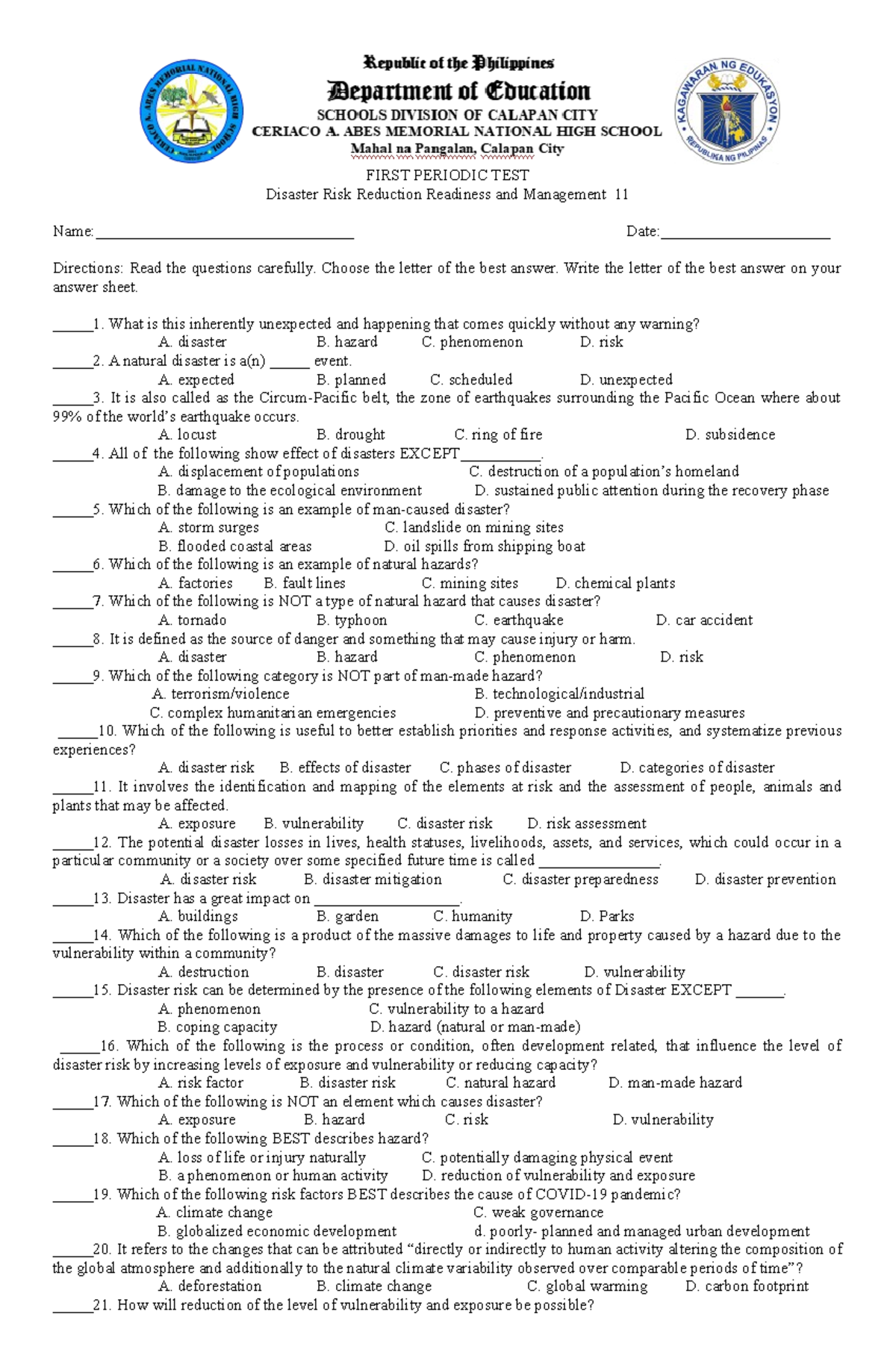 Drrrm 1st Feriodical Test - FIRST PERIODIC TEST Disaster Risk Reduction ...