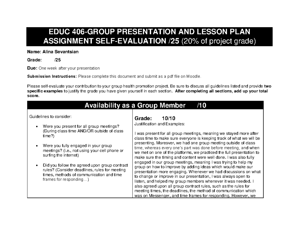 Group self-evaluation educ 406 - EDUC 406-GROUP PRESENTATION AND LESSON ...