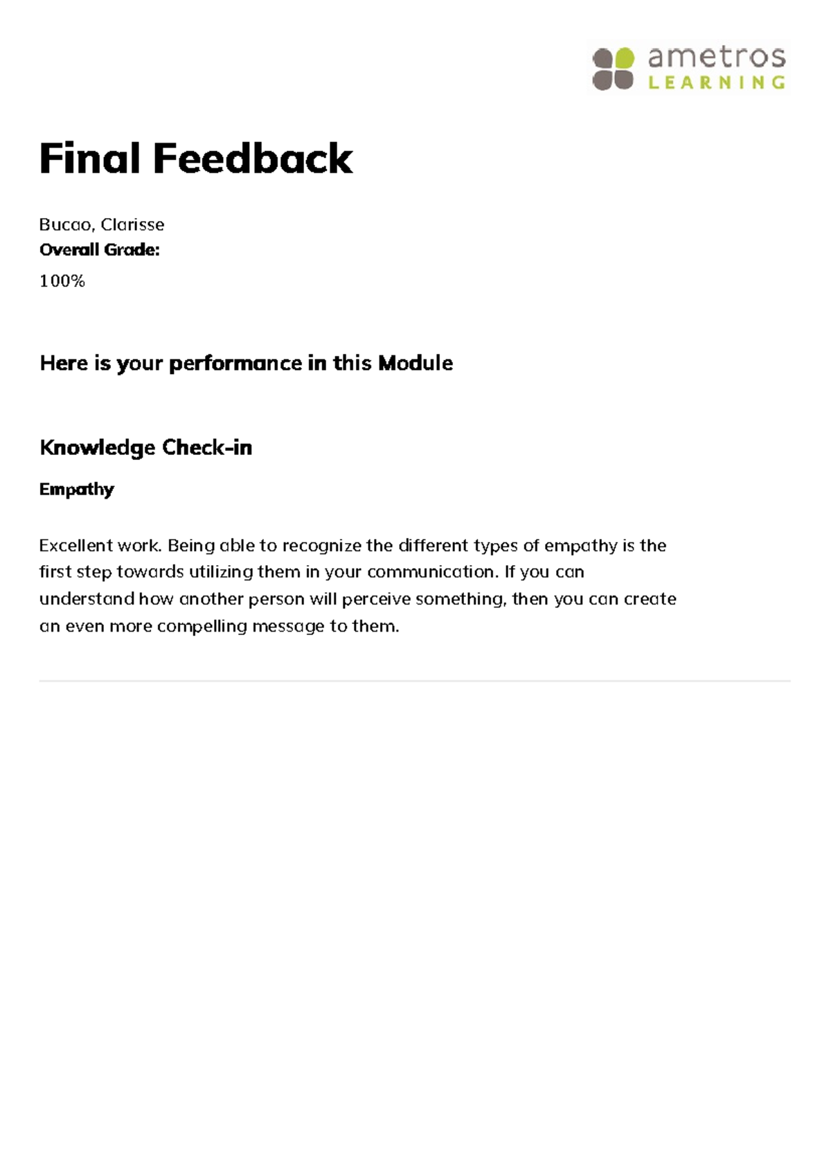 Ametros-report 3 which shows final feedback - Excellent work. Being ...