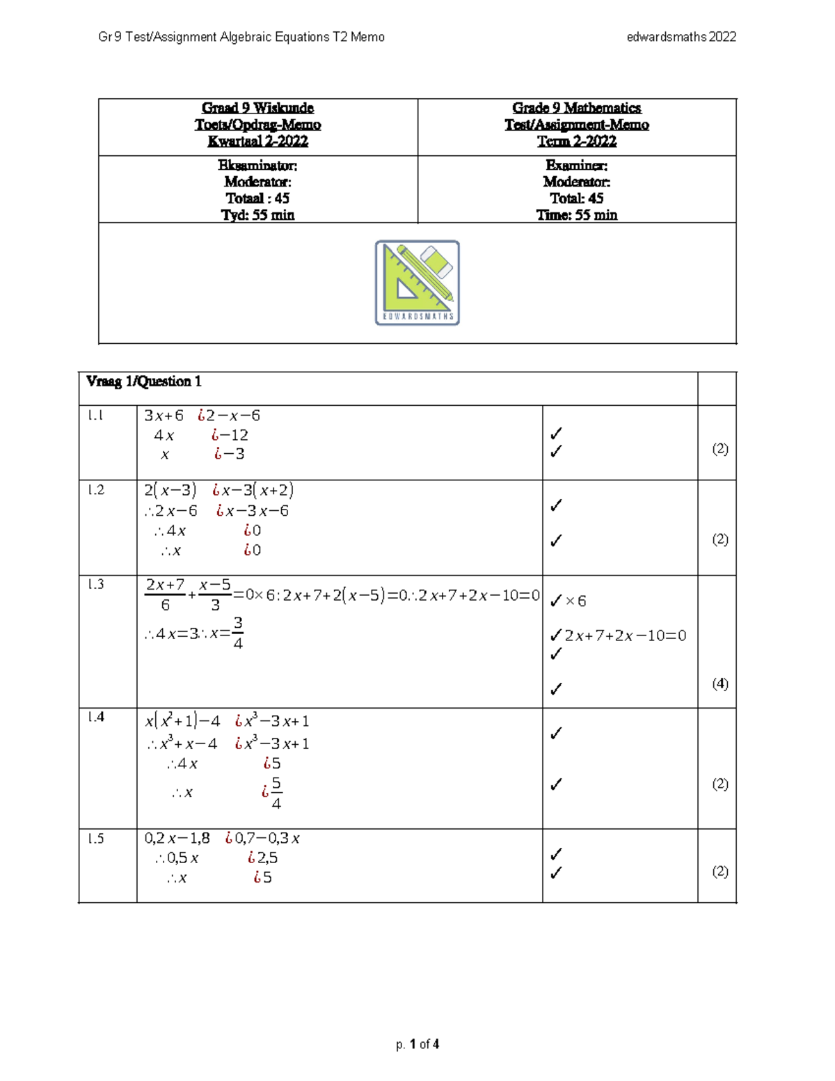Gr 9 Edwardsmaths Test or Assignment Algebraic Equations T2 2022 Memo ...