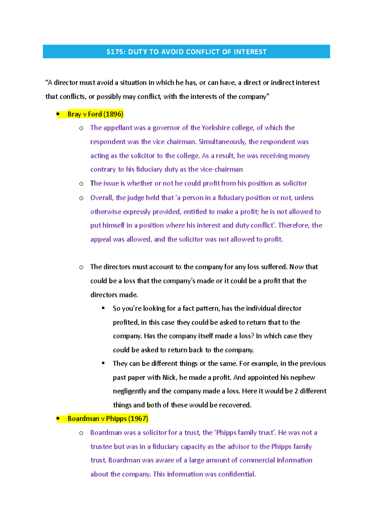 DD Section 175 duty to avoid conflict of interest - S175: DUTY TO AVOID ...