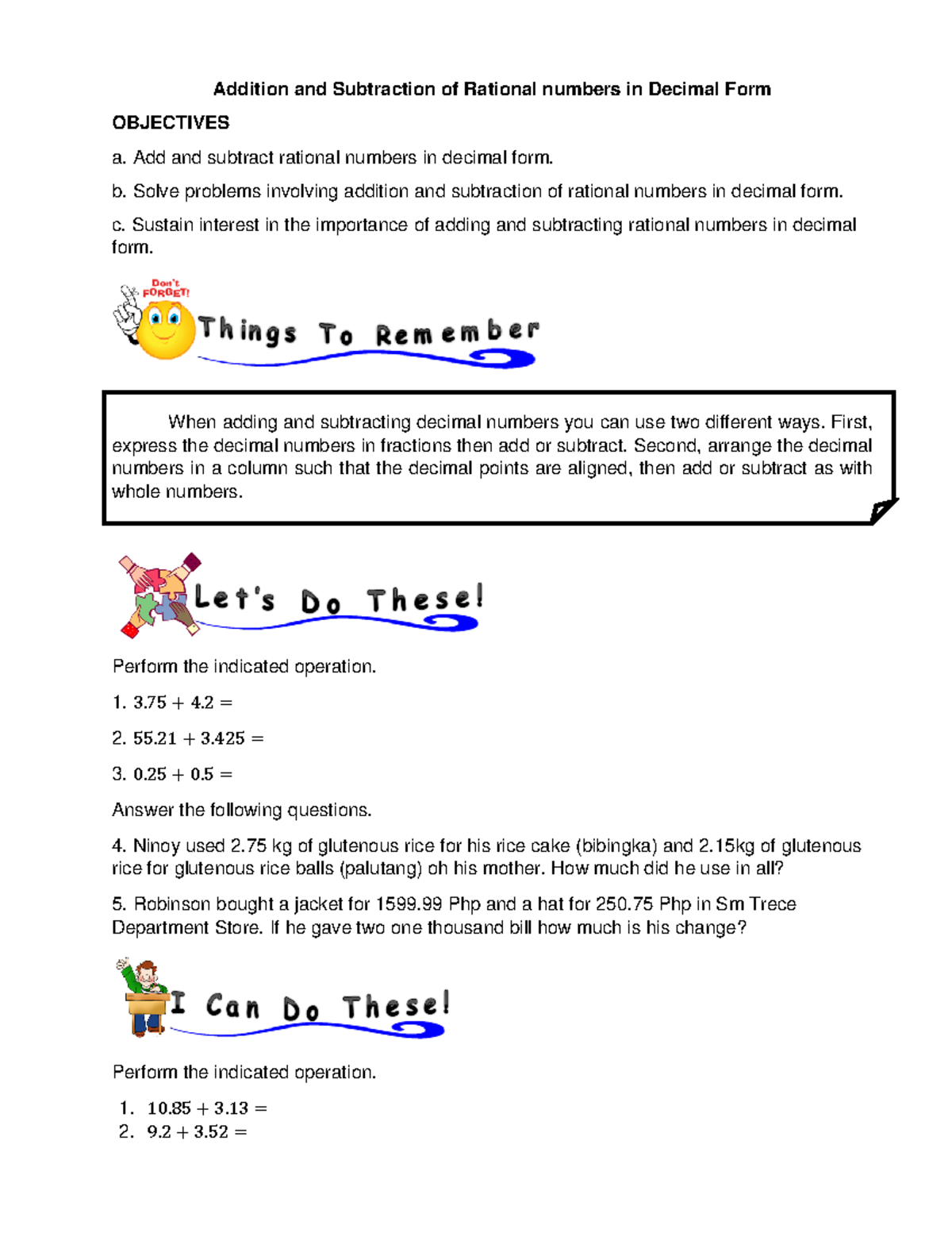 Q1-LAA-10 - Worksheet in Grade 7 Math Quarter 1 - Addition and ...