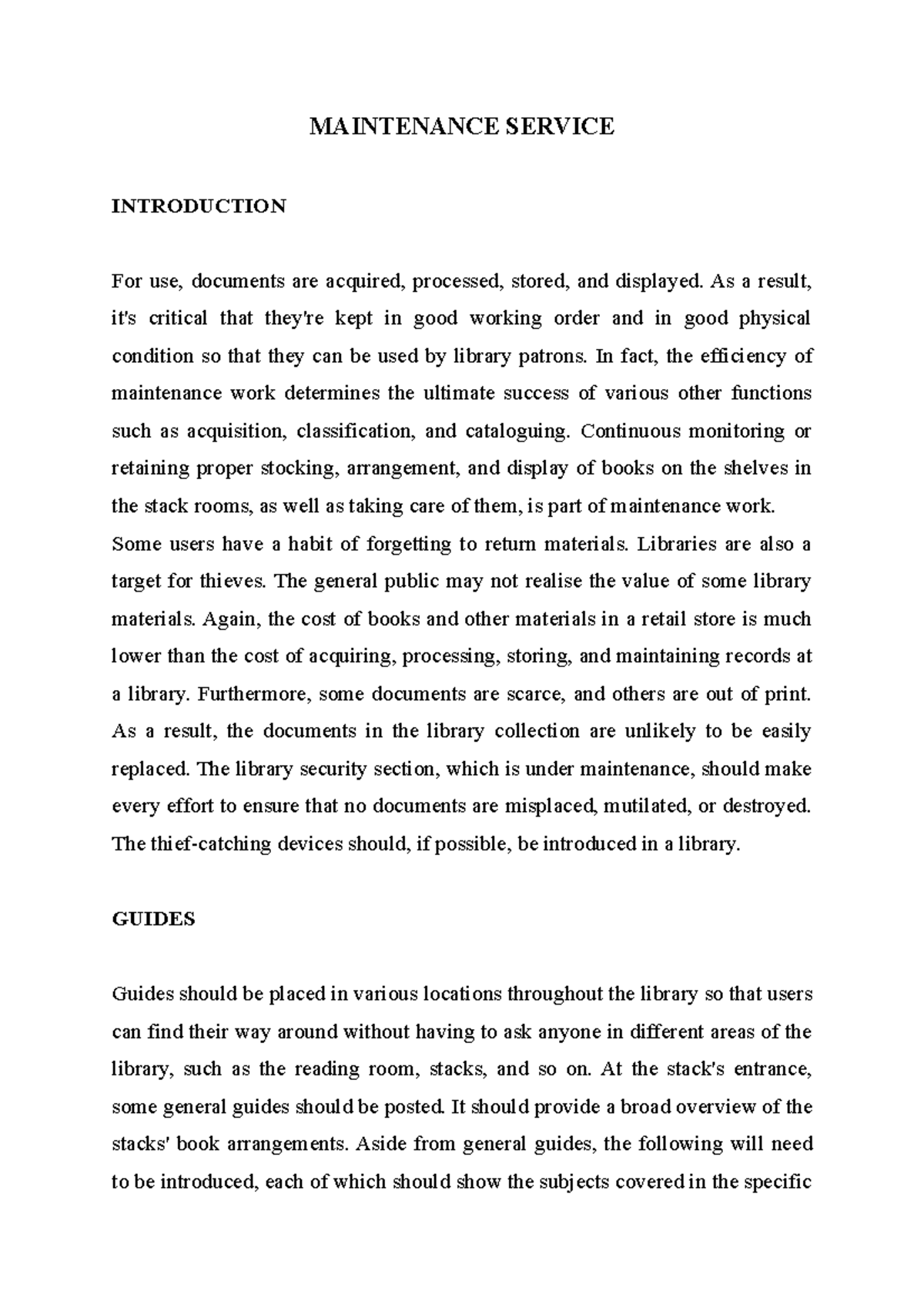 Maintenance Service - Lecture notes 8 - MAINTENANCE SERVICE ...