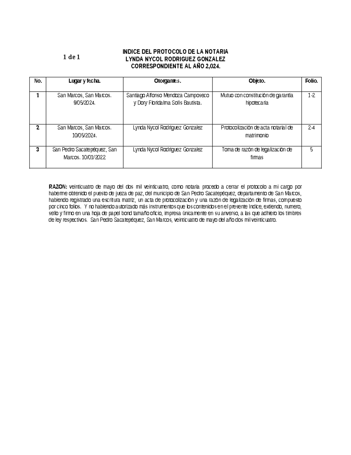 Indice de Protocolo - INDICE DEL PROTOCOLO DE LA NOTARIA LYNDA NYCOL ...