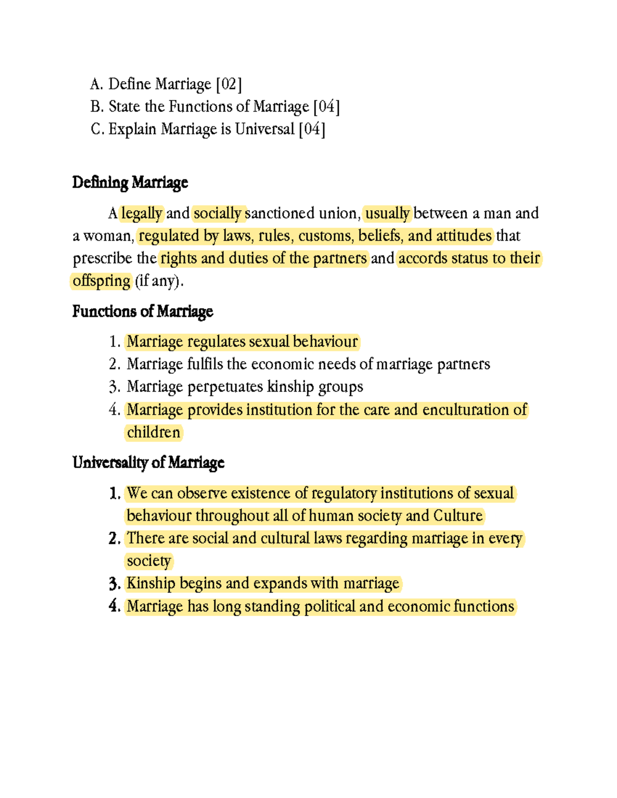Understanding Marriage - A. Define Marriage [02] B. State the Functions ...