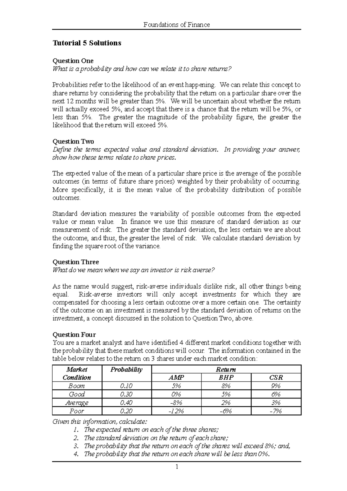Tutorial 5 Solutions - Foundations of Finance Tutorial 5 Solutions ...