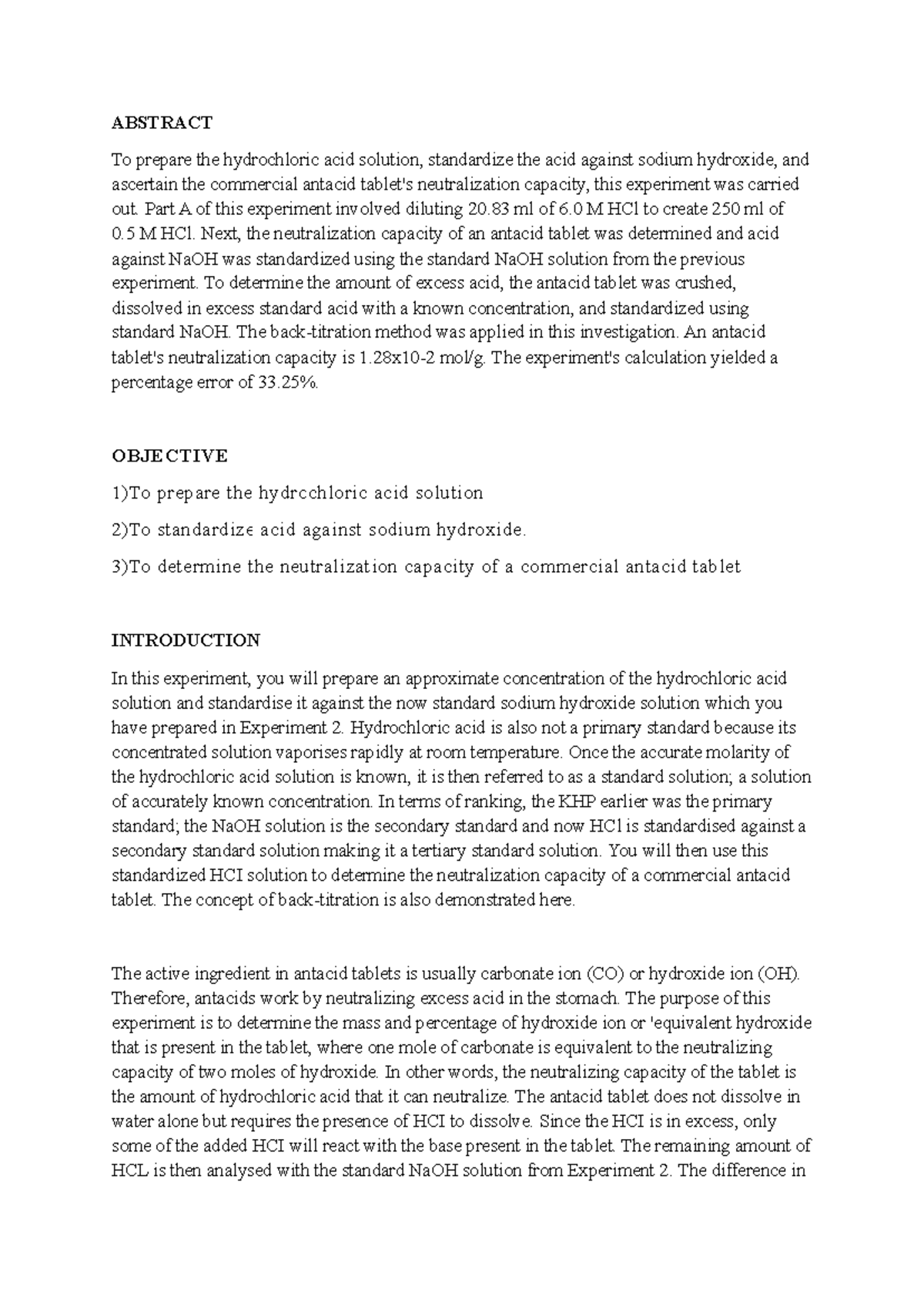 Exp 3 - experiment 3 - ABSTRACT To prepare the hydrochloric acid solution, standardize the acid ...