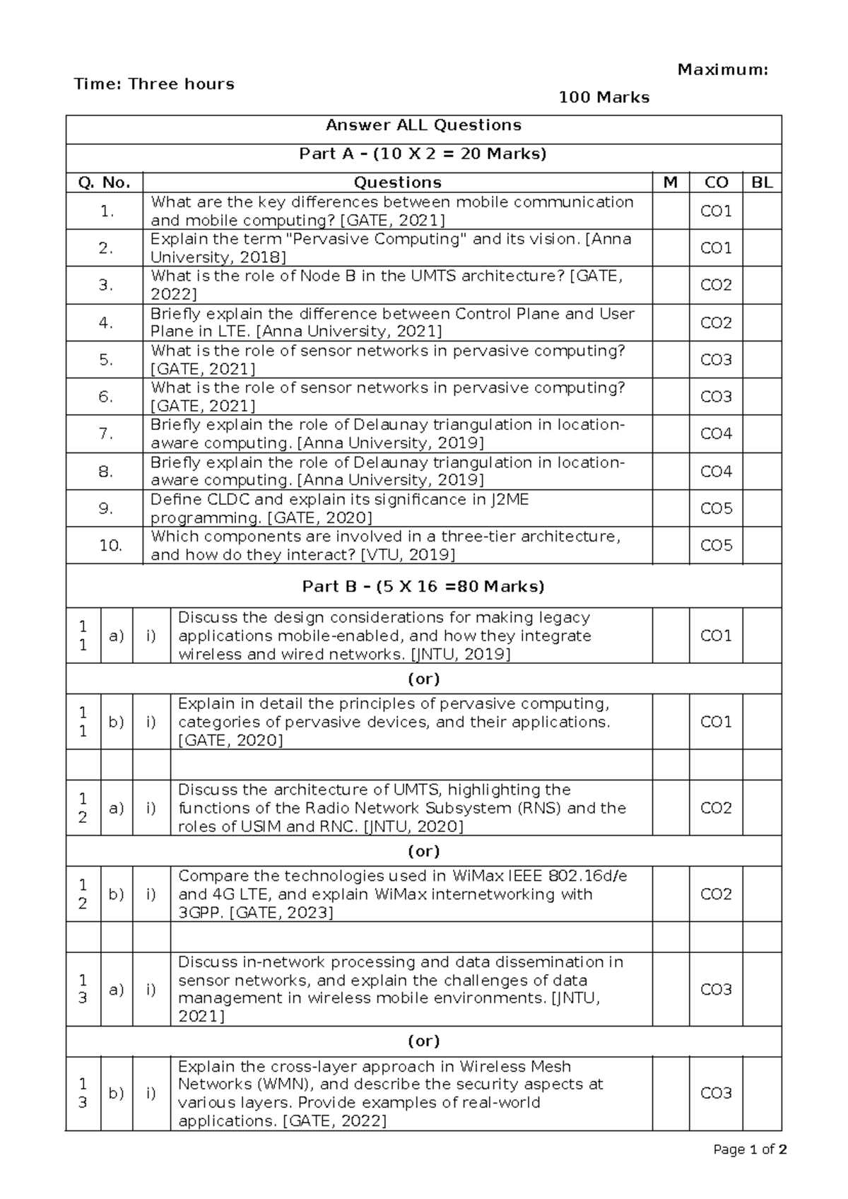 QP-Template - templete - Time: Three hours Maximum: 100 Marks Answer ALL Questions Part A – (10 ...